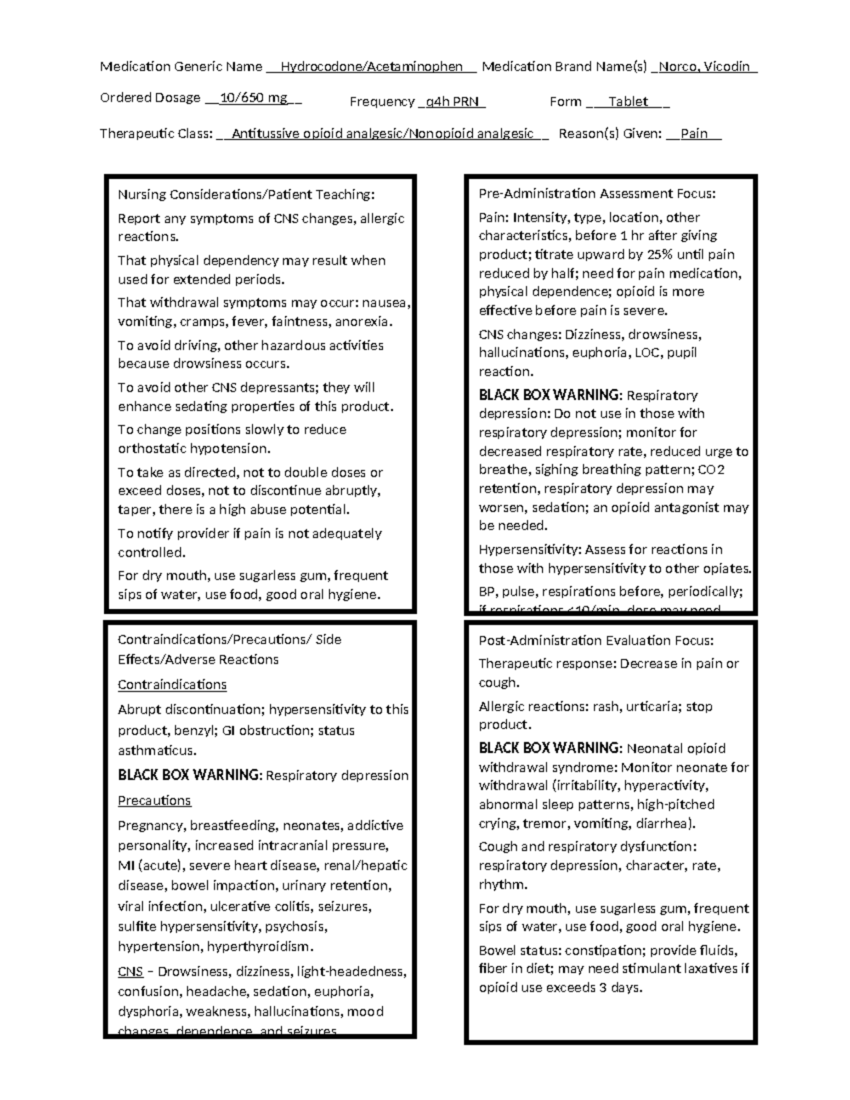 Nursing Considerations for Hydrocodone-Acetaminophen (10/650 mg) - Studocu