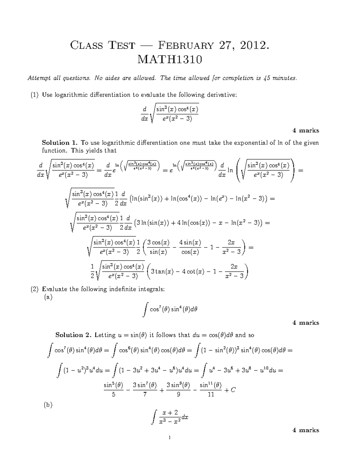 MATH - Practice Exam Answers for Test 2 (Class Test, Feb 27, 2012 ...