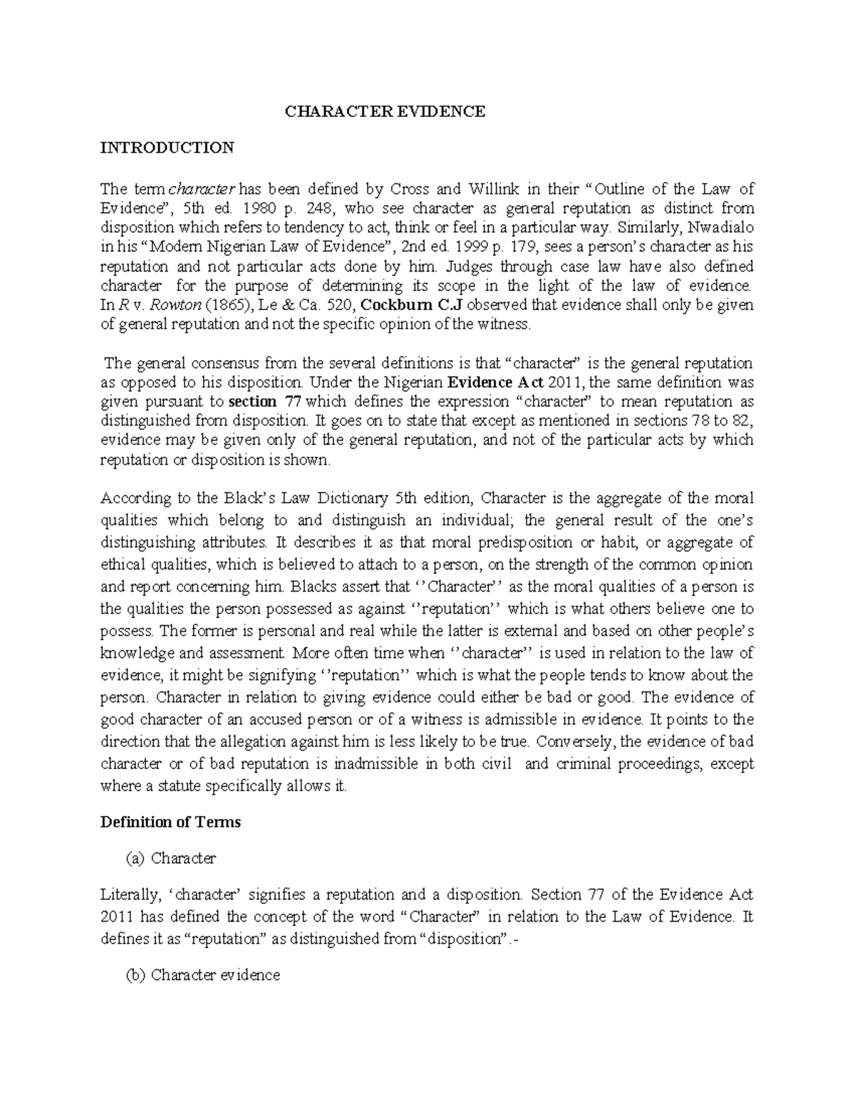 LAW 101: Character Evidence Introduction and Admissibility - Studocu