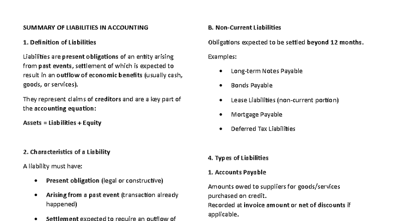 Summary of Liabilities in Accounting B: Key Concepts and Types - Studocu