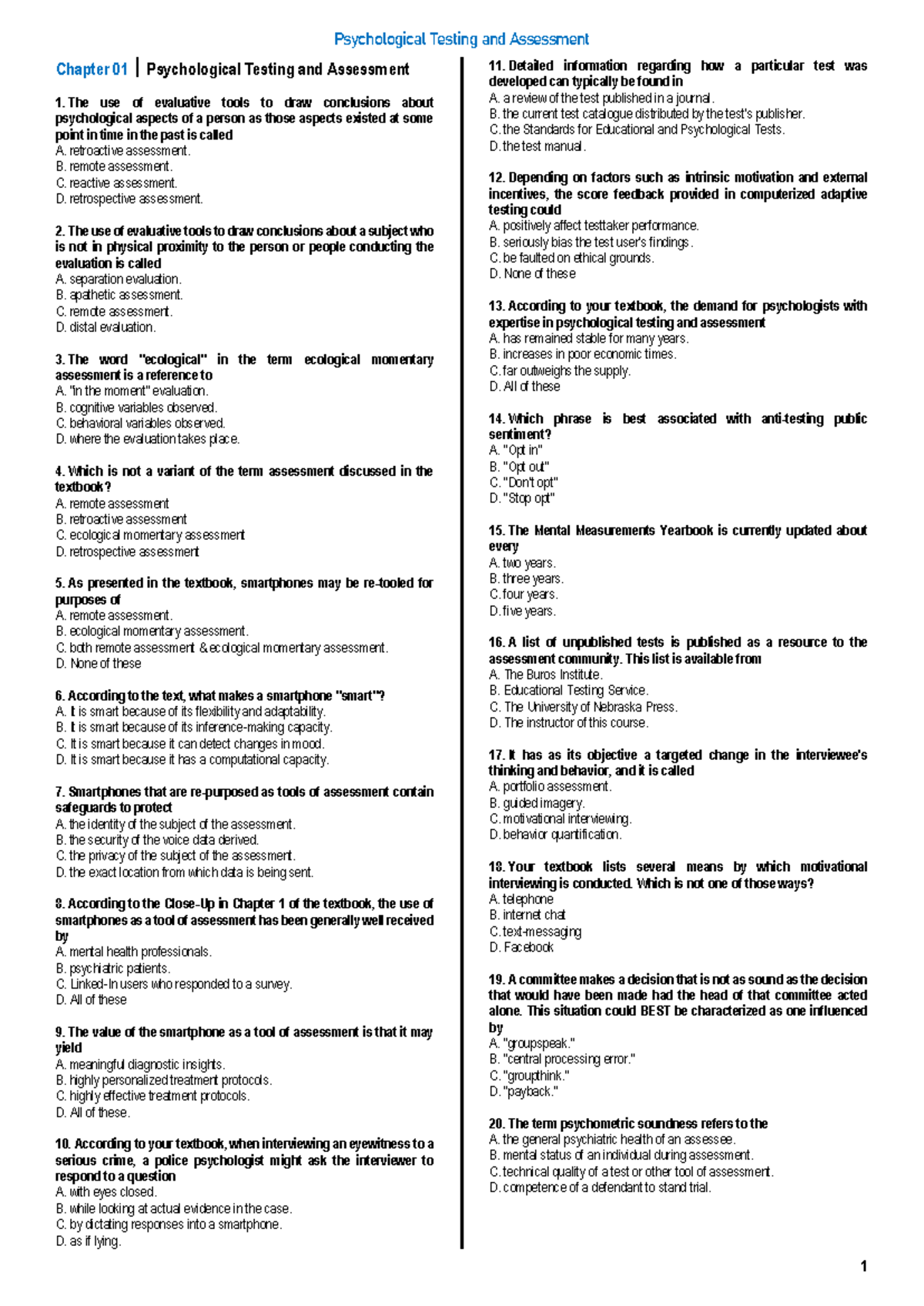 PA - TEST BANK - Psych Assessment Test Bank - Chapter 01 Psychological ...