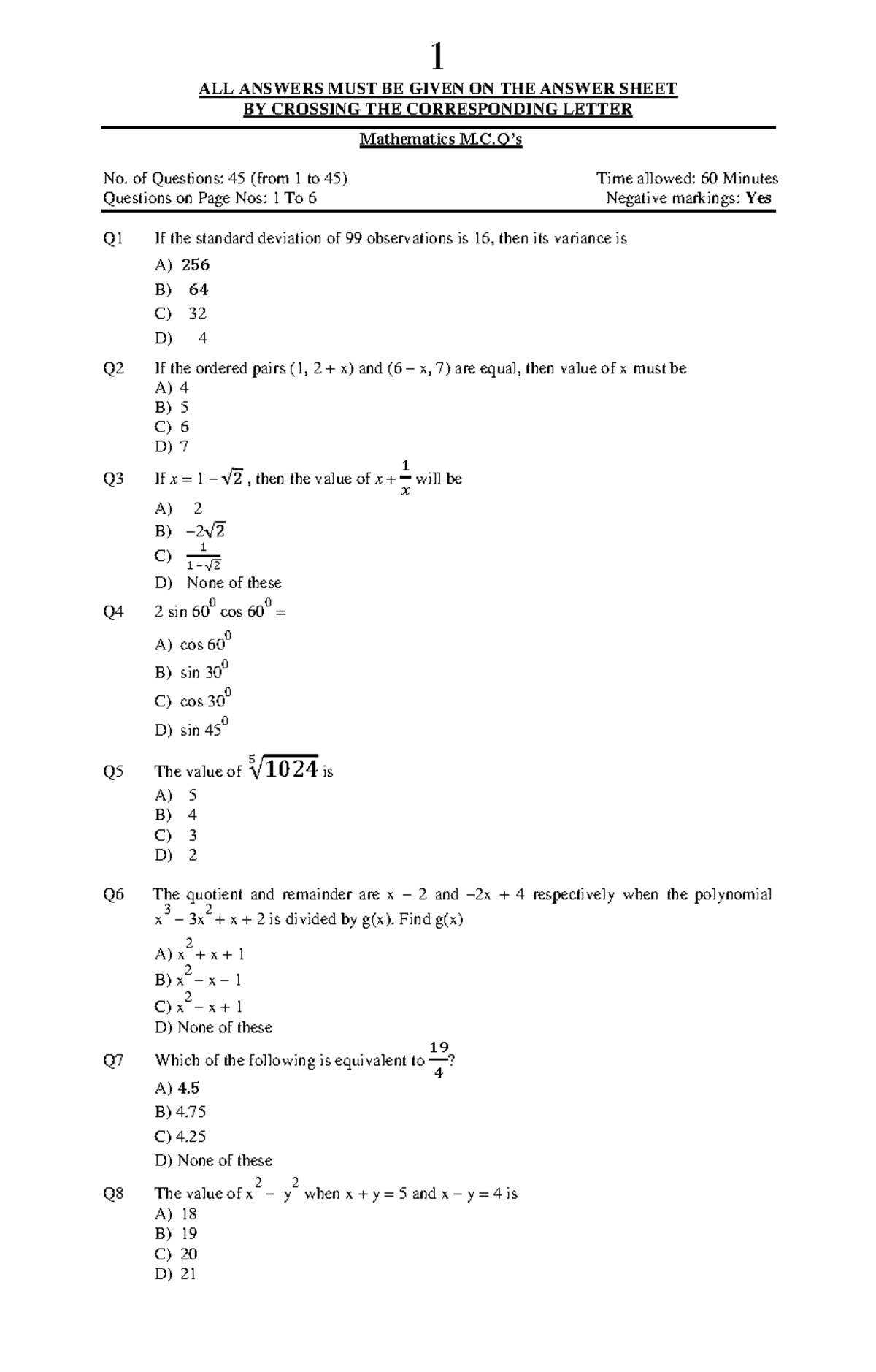 Sample Test VI: Mathematics & English Questions (45 + 40) - Studocu