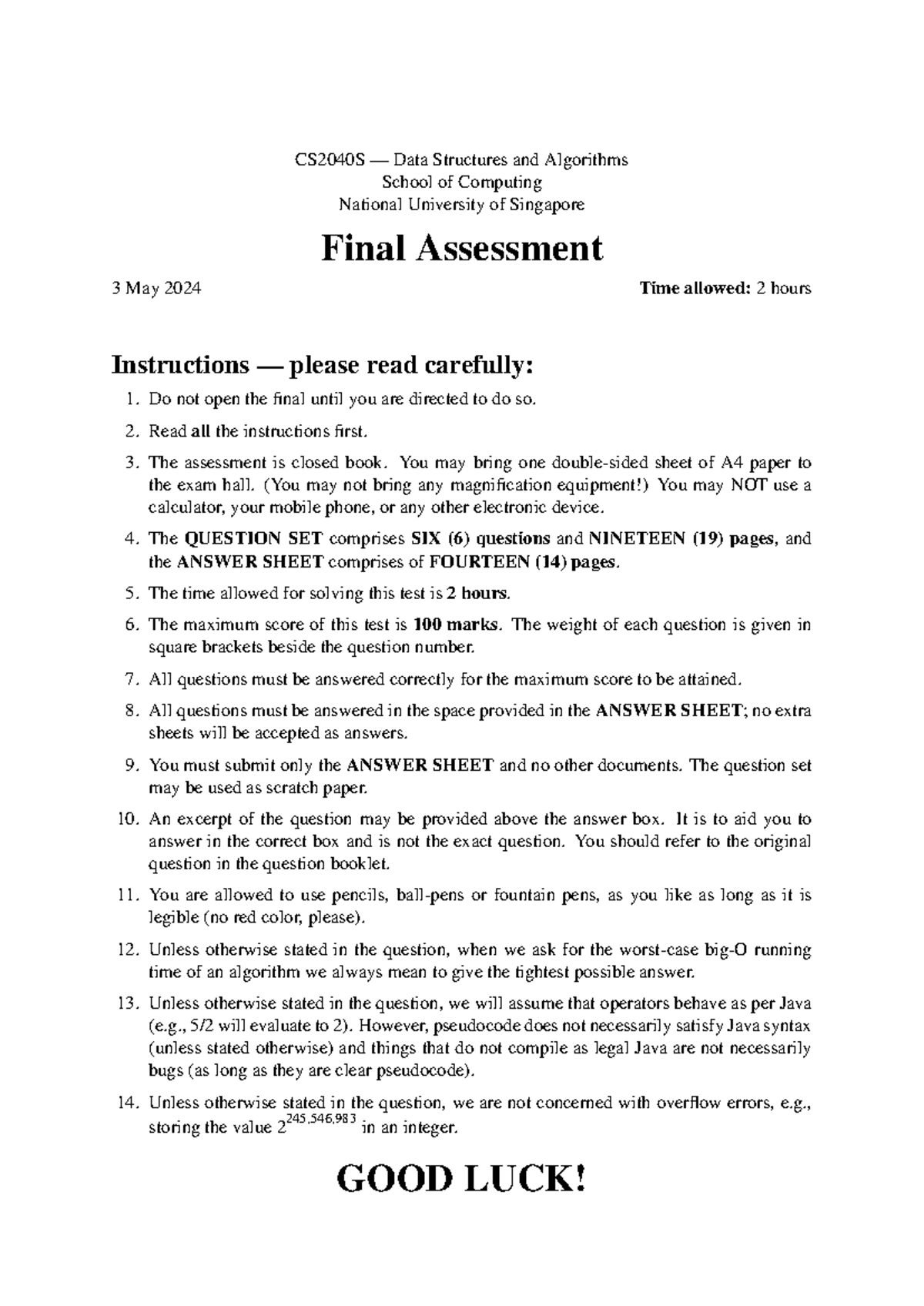 Final Exam CS2040S - Data Structures & Algorithms Practice Materials - Studocu