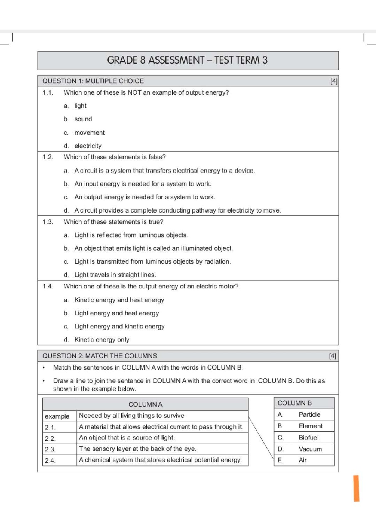 GRADE 8 NATURAL SCIENCES ASSESSMENT TEST TERM 3 - Studocu