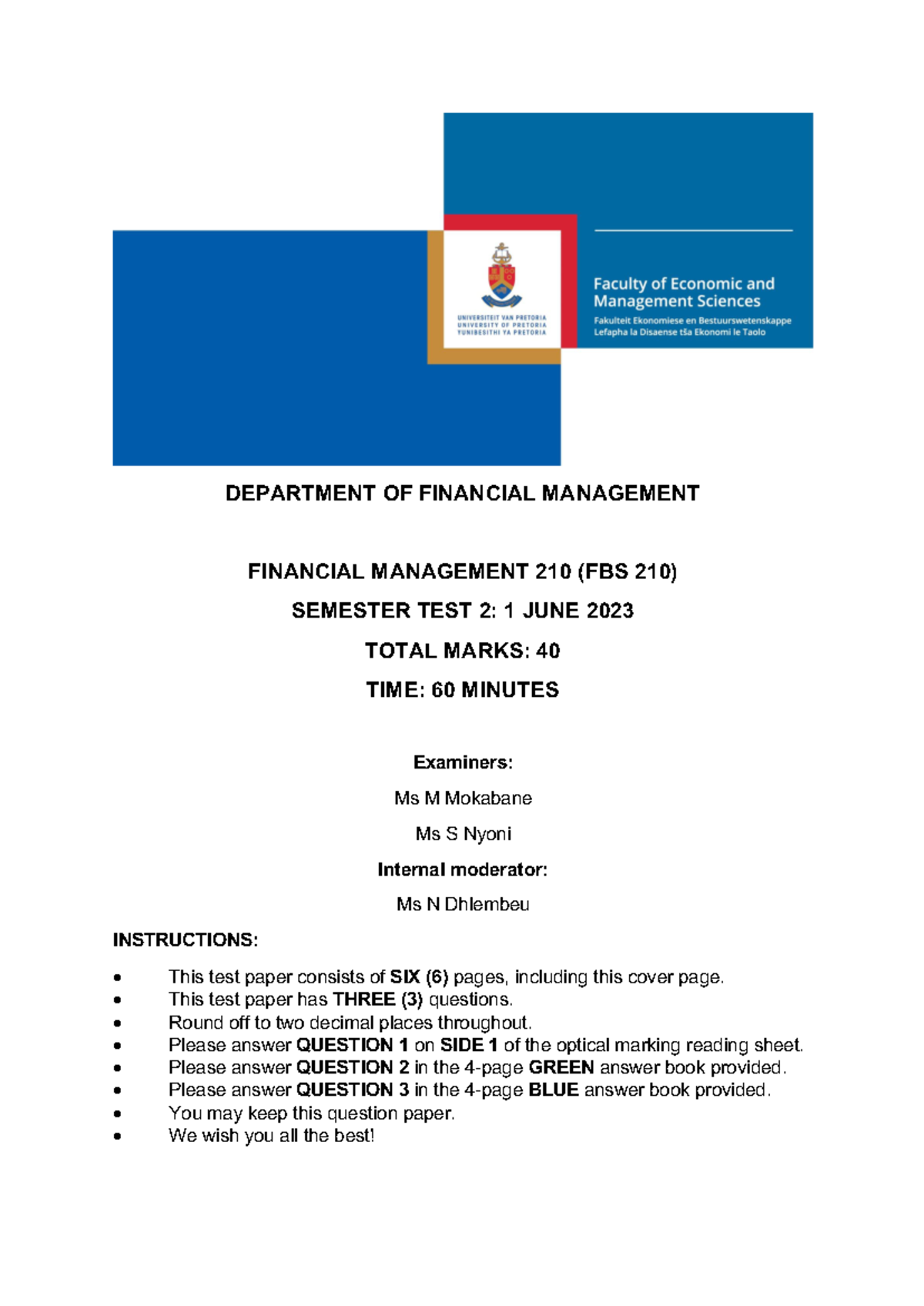 FBS 210 Semester Test 2 2023: Financial Management Assessment - Studocu