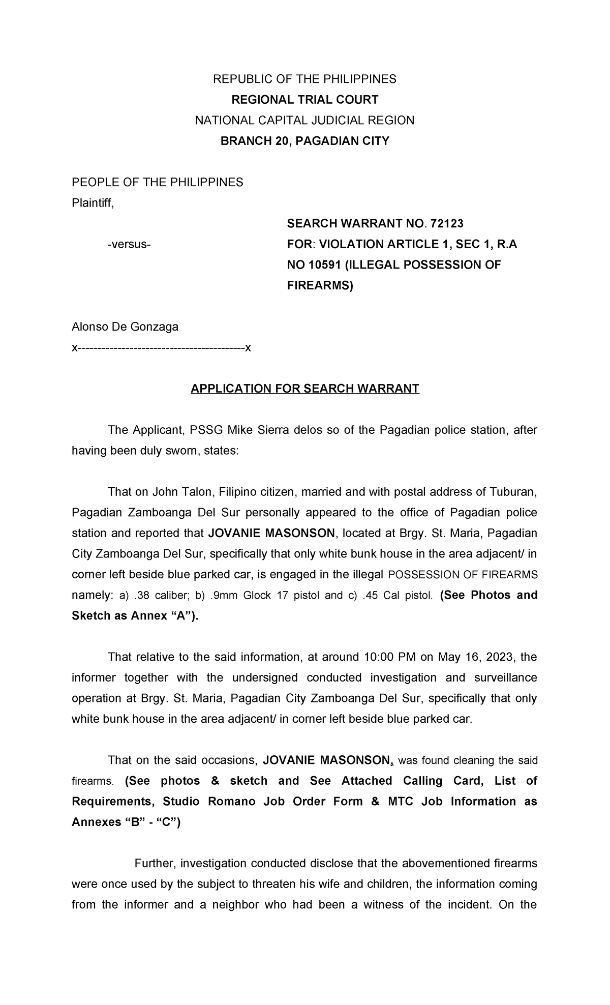 Application for Search Warrant No. 72123 - Violation of R.A. 10591 ...