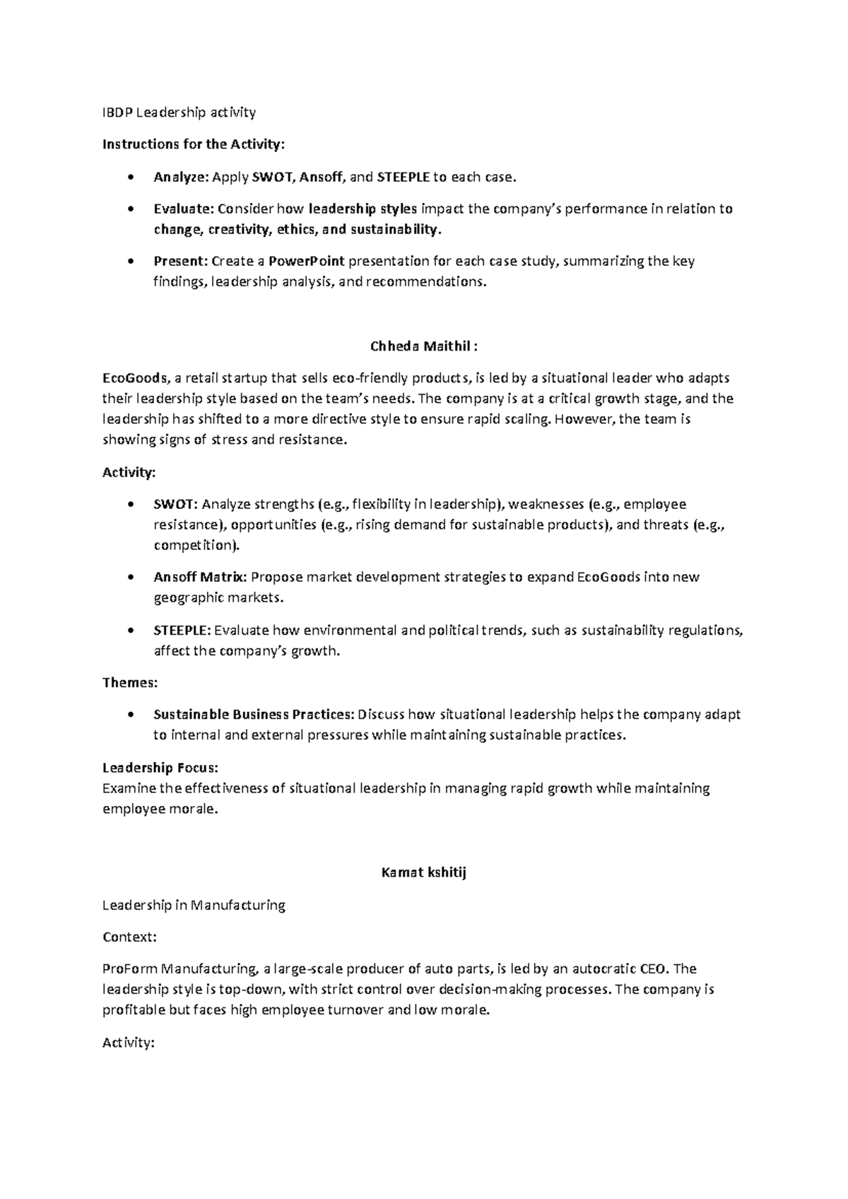 IBDP Leadership Activity: SWOT, Ansoff, and STEEPLE Analysis - Studocu