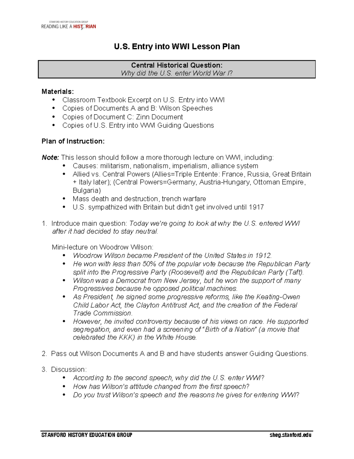 U.S. Entry into WWI Lesson Plan: Exploring Wilson's Perspectives - Studocu