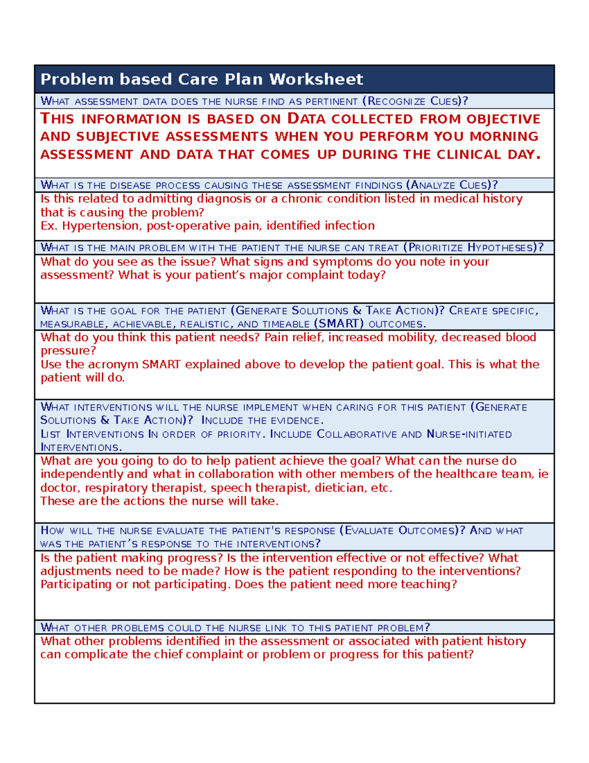 Problem Based Care Plan Worksheet Template with Rubric - Problem based ...