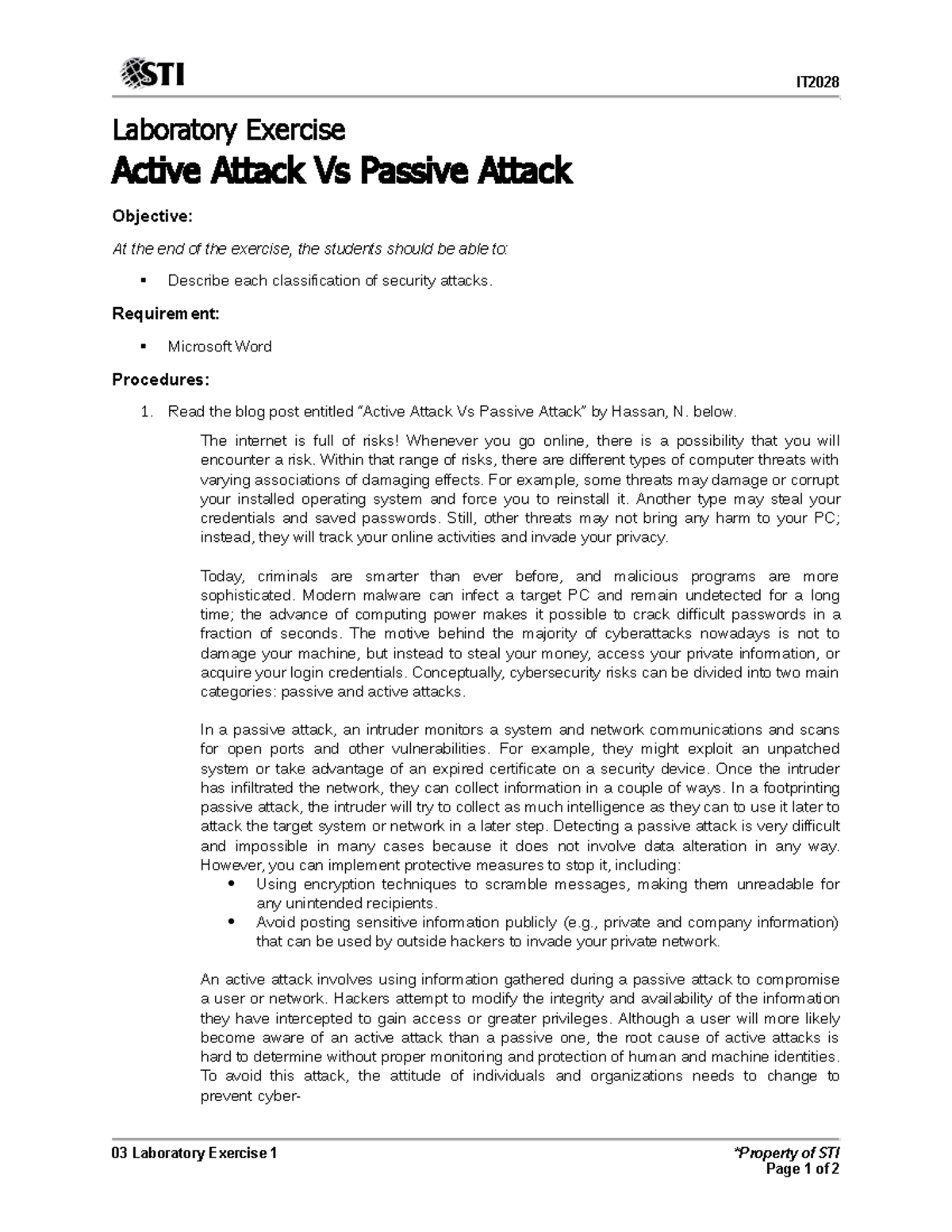 03 Laboratory Exercise 1 - Laboratory Exercise Active Attack Vs Passive ...