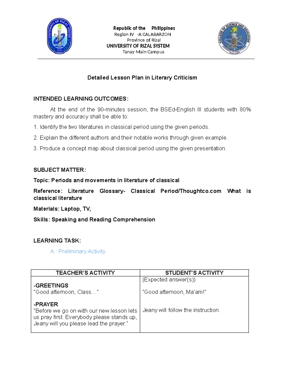 Detailed Lesson Plan in Literary Criticism - Region IV - A CALABARZON ...