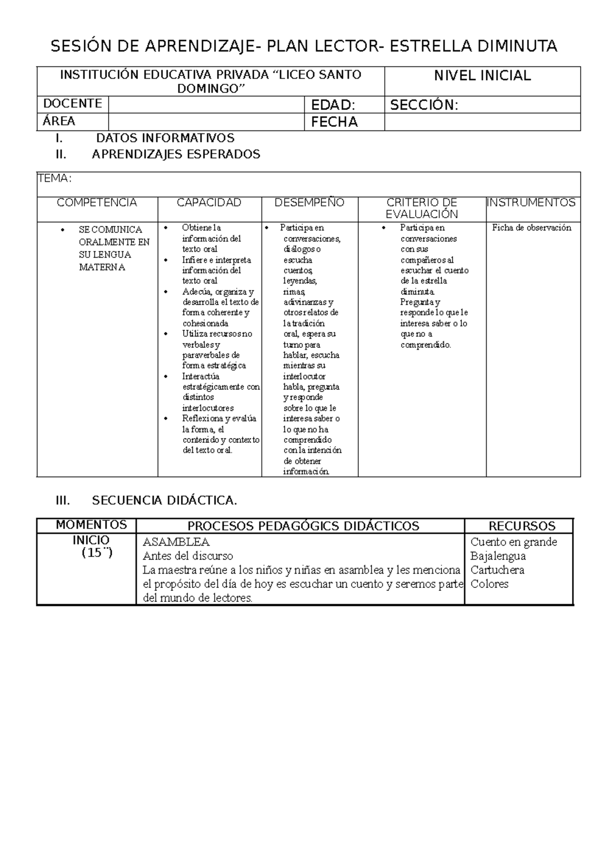 PLAN Lector: Estrella Diminuta - Nivel Inicial SESIÓN - Studocu
