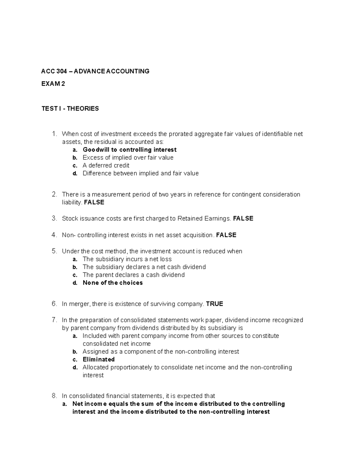 Business Combination Final Exam - Bachelor of Science in Accountancy ...