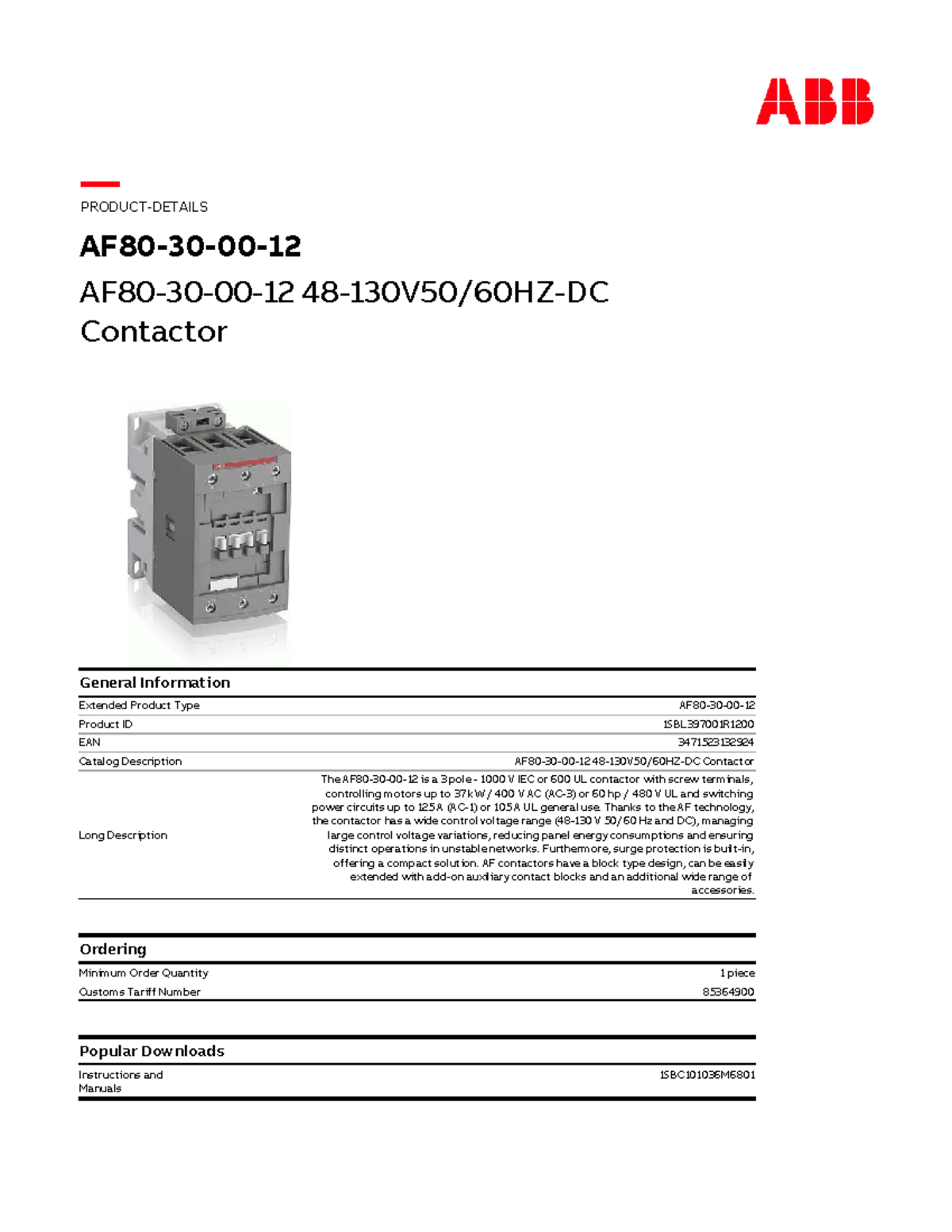 Contactor AF80-30 48V General Info & Specs (1SBL397001R1200) - Studocu