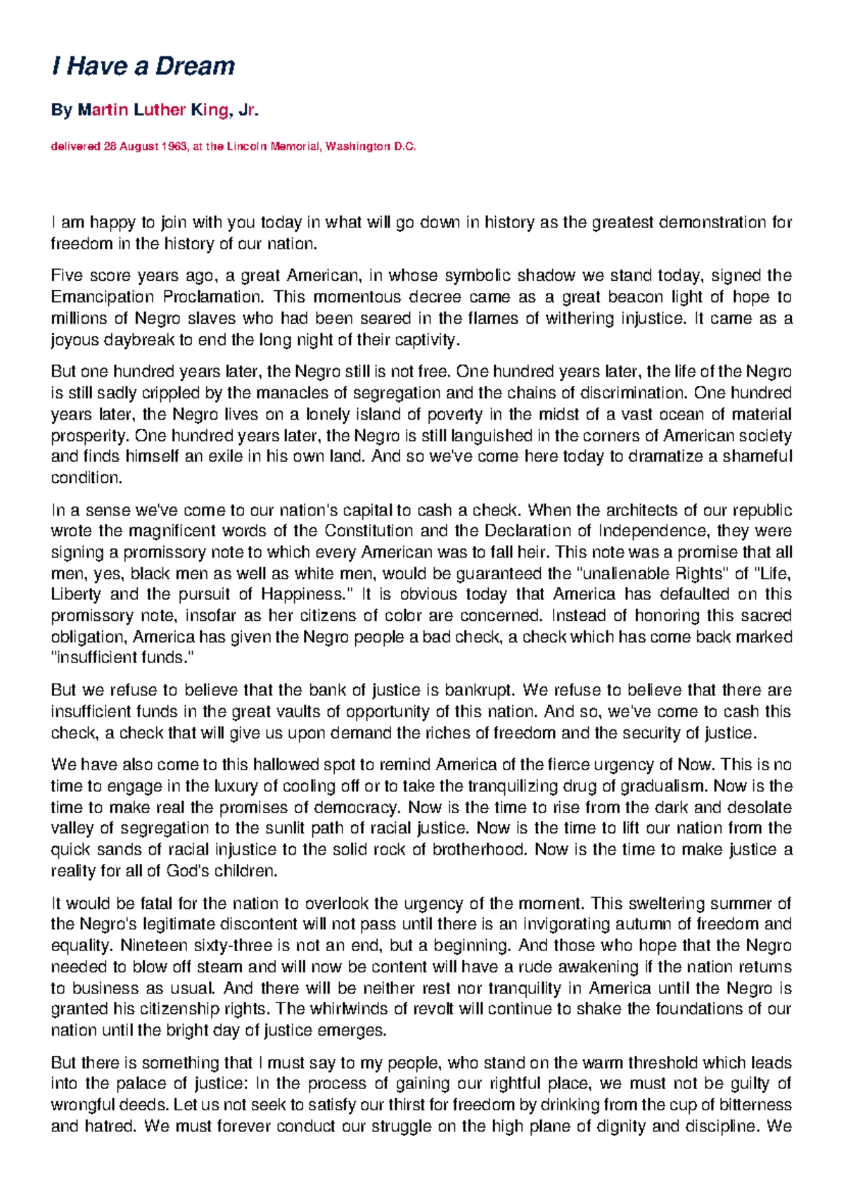 I Have a Dream Speech Analysis - MLK, Jr. 1963 - Studocu