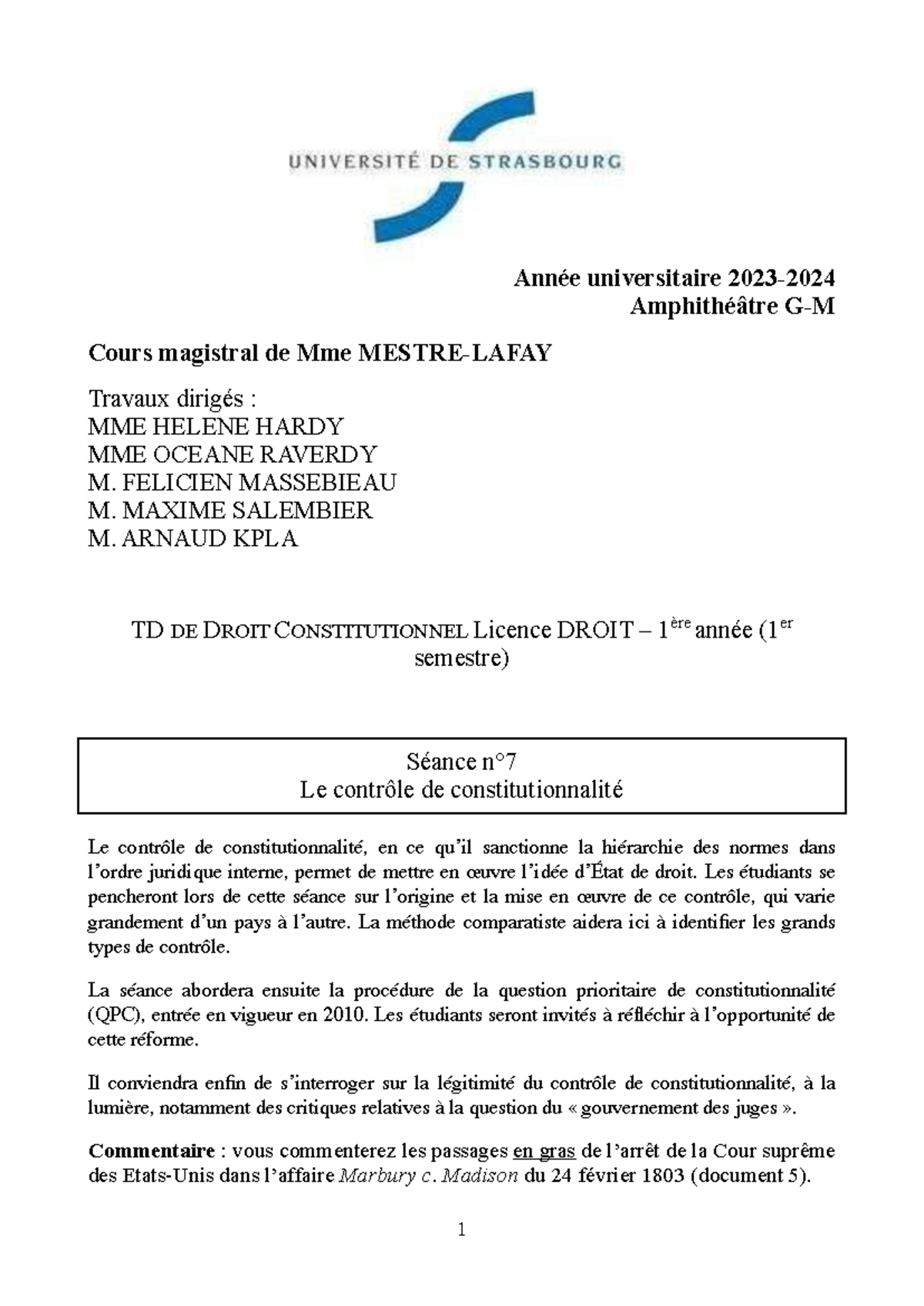 TD 7 DC - Contrôle de Constitutionnalité en Droit Constitutionnel - Studocu