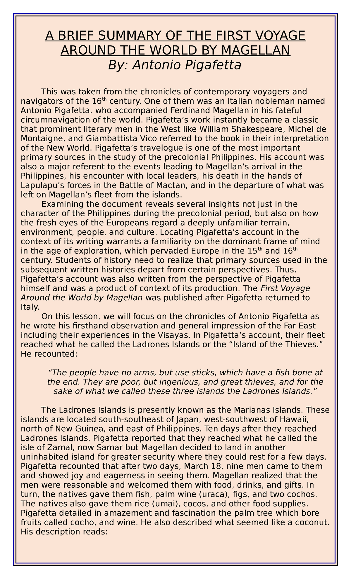 A Brief Summary OF THE First Voyage Around THE World BY Magellan - A BRIEF SUMMARY OF THE FIRST ...