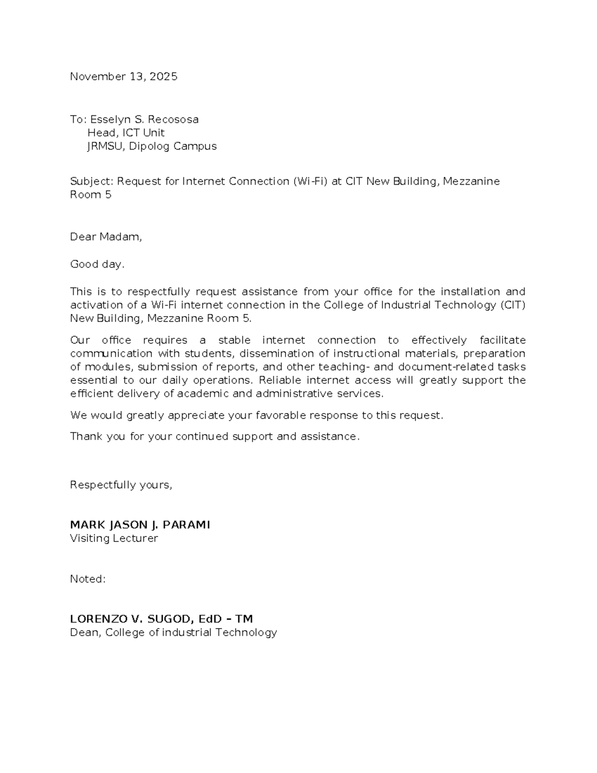 Req. for Internet Connection at CIT New Building - Studocu