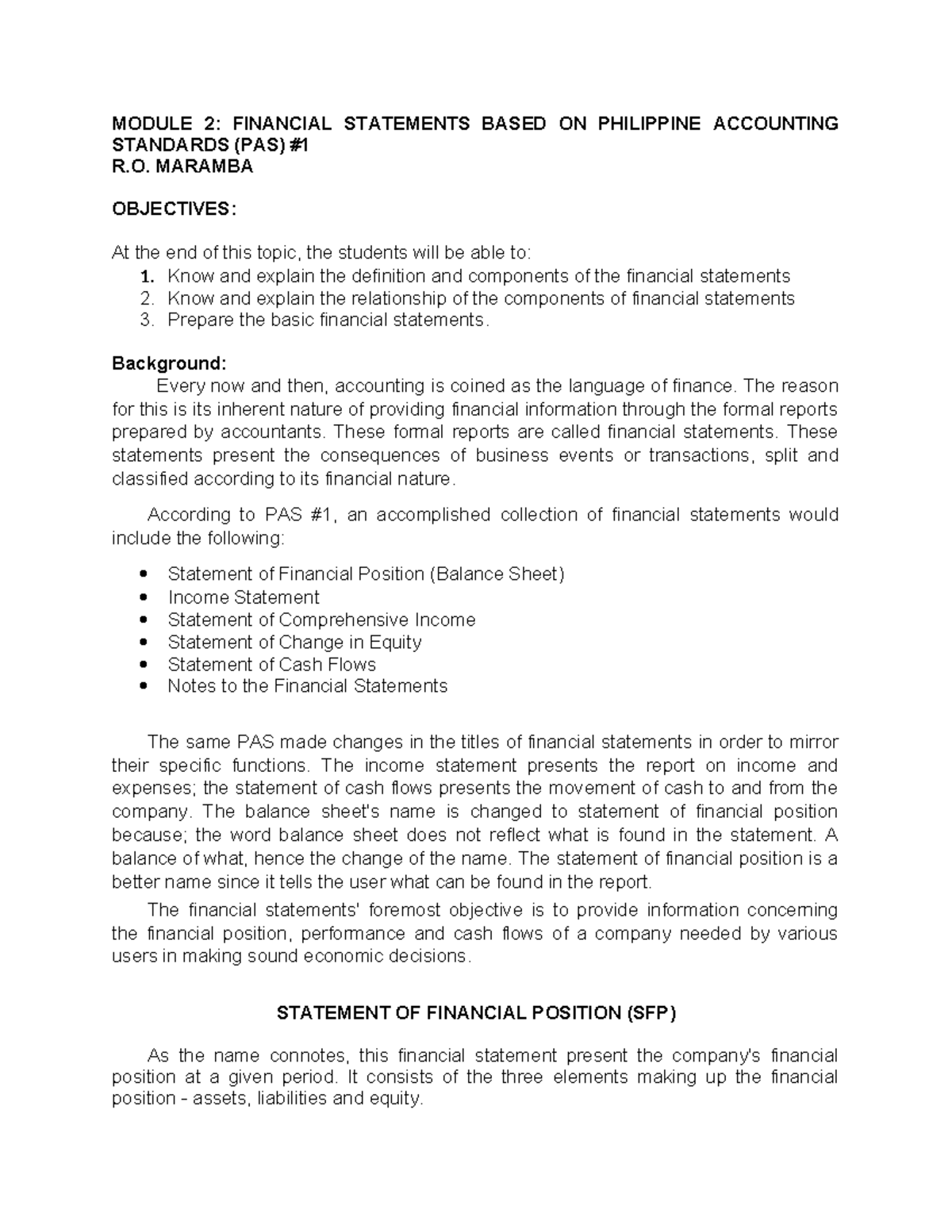 Module 2 - Financial Statements Lecture Notes (Based on PAS) - Studocu