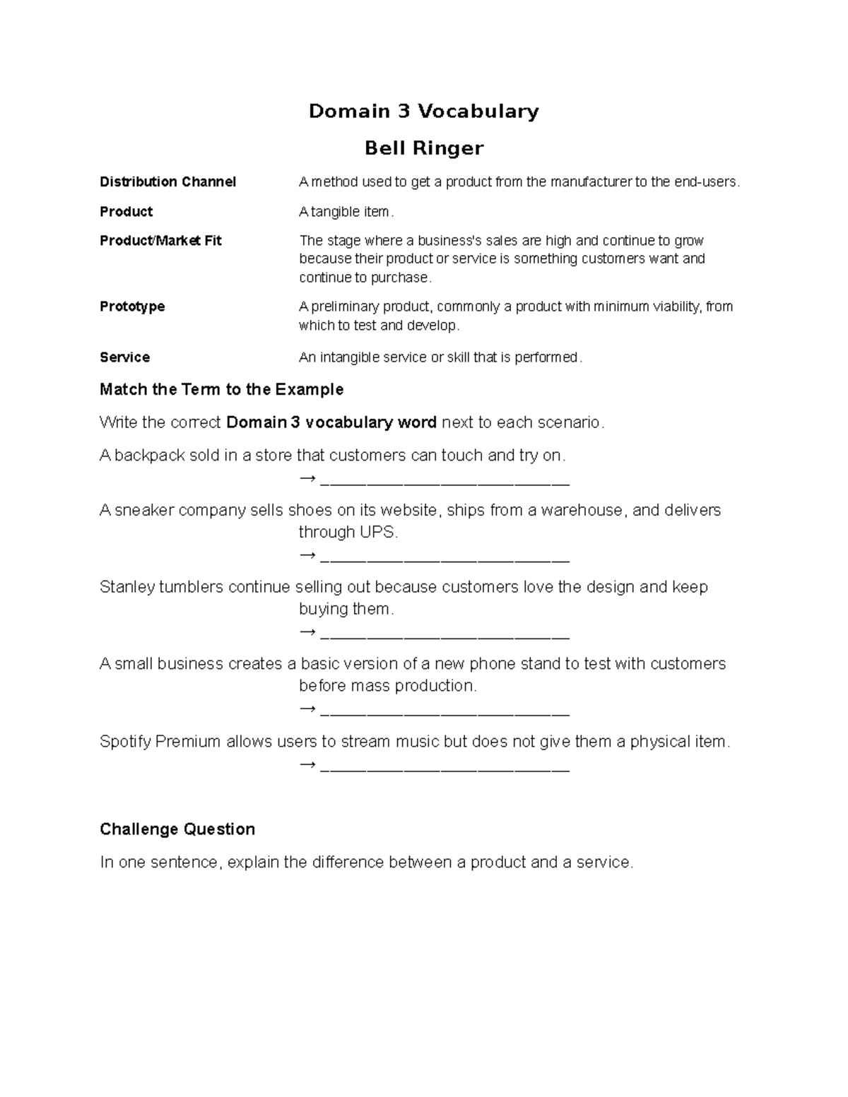 Domain 3 Vocabulary Bell Ringer: Understanding Products & Services ...