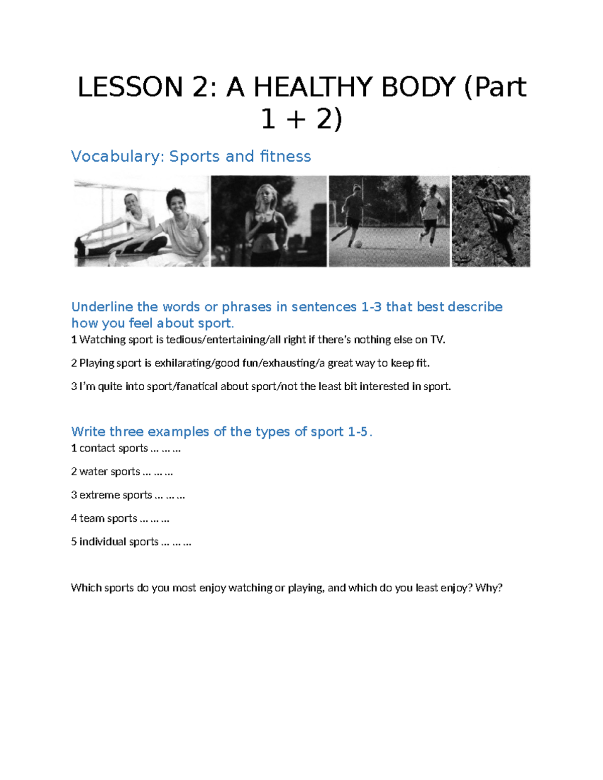 Student Speaking Handout: Lesson 2 - A Healthy Body Vocabulary - Studocu