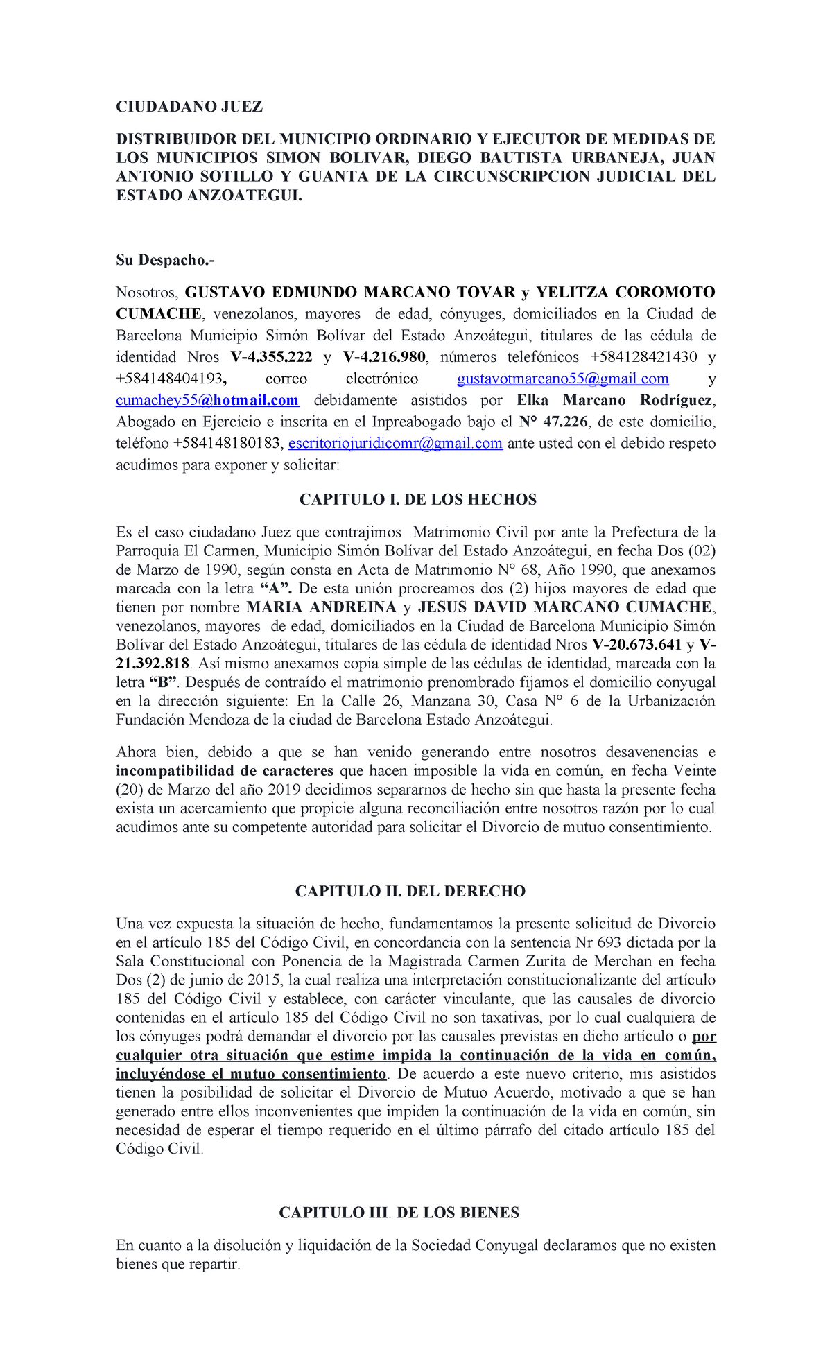 Divorcio de Mutuo Acuerdo: Yelitza Cumache y Gustavo Marcano ...