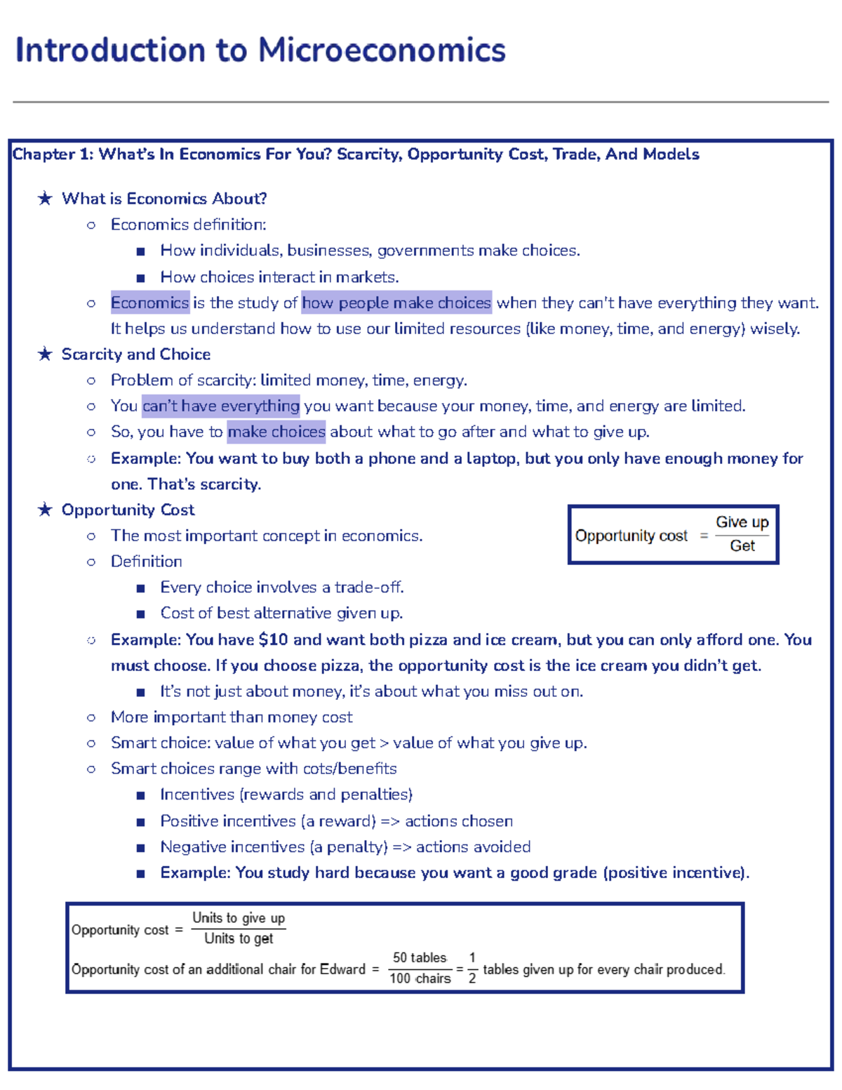 Economics Lecture Notes Ch. 1: Scarcity, Opportunity Cost & Choices ...