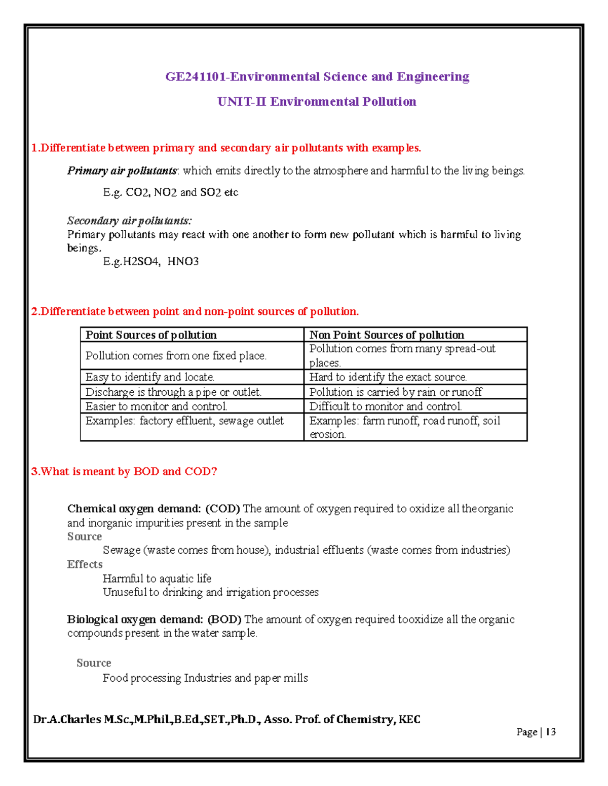 GE241101-EVS Unit 2: Environmental Pollution - Types, Sources, and ...