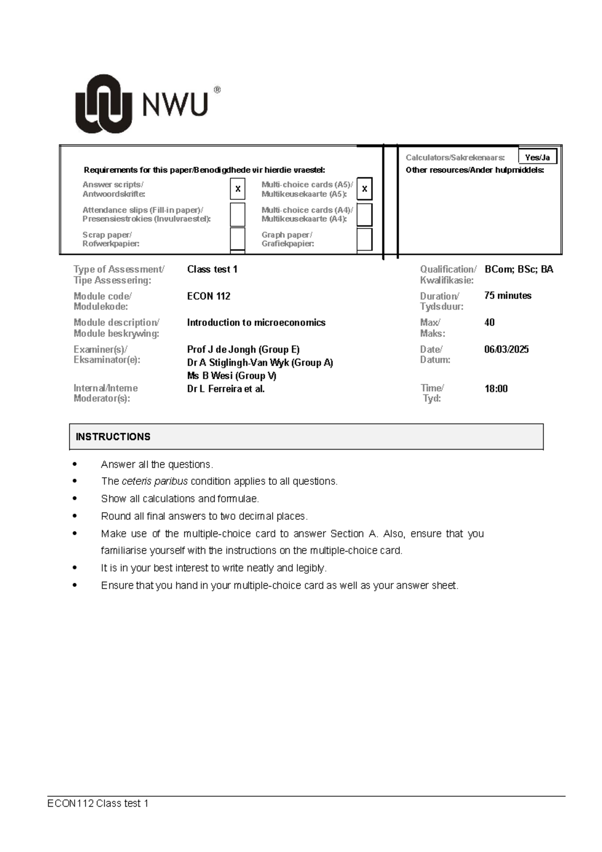 ECON 112 Class Test 1 2025 ENG Memo and Assessment Details - Studocu
