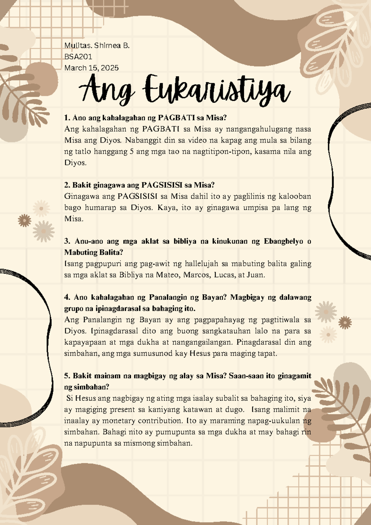 ANG- Eukaristiya - Religion - Mulitas. Shimea B. BSA March 15, 2025 Ang ...