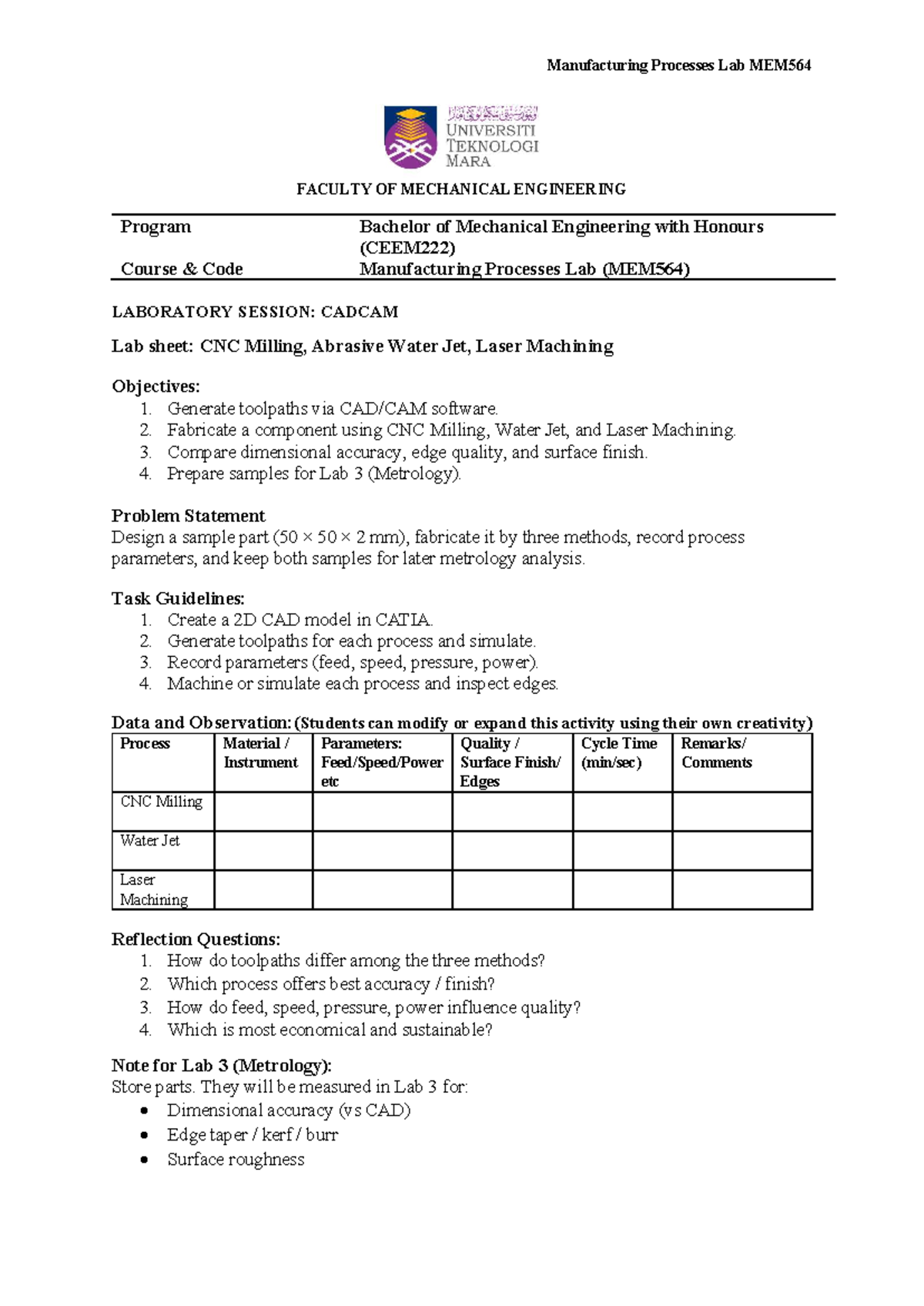 Lab 2: CADCAM Techniques in Manufacturing Processes Lab MEM564 - Studocu