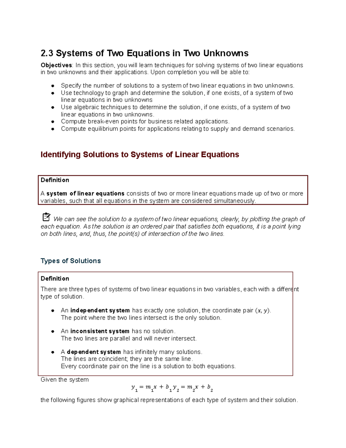 Math 140 - Systems of Two Equations in Two Unknowns: Techniques ...