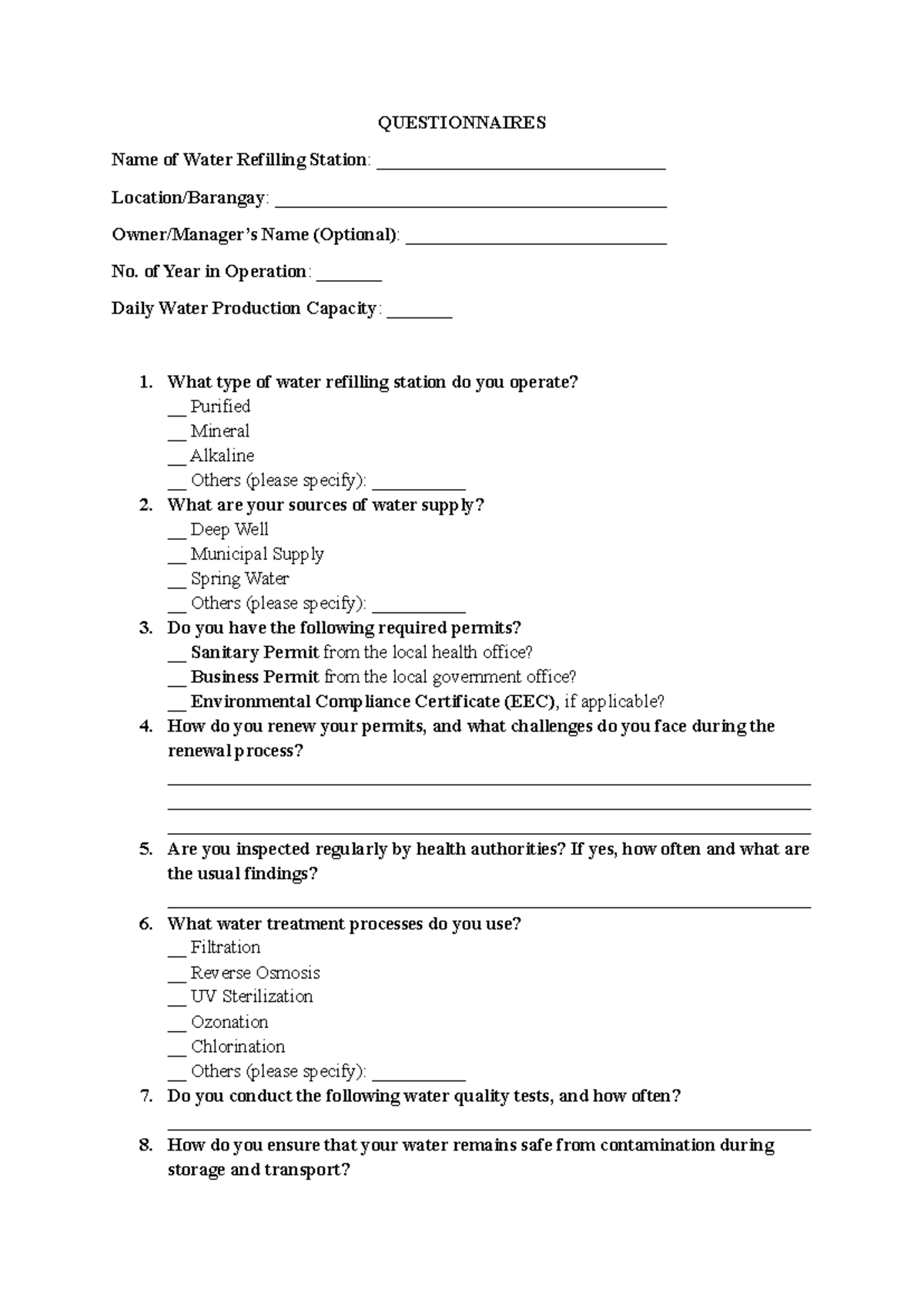Questionnaires - QUESTIONNAIRES Name of Water Refilling Station