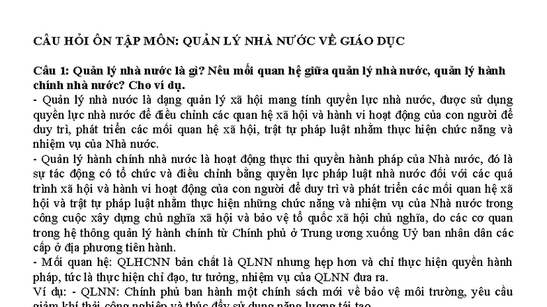 Câu Hỏi Ôn Tập Môn: Quản Lý Nhà Nước Về Giáo Dục (QLNN) - Studocu