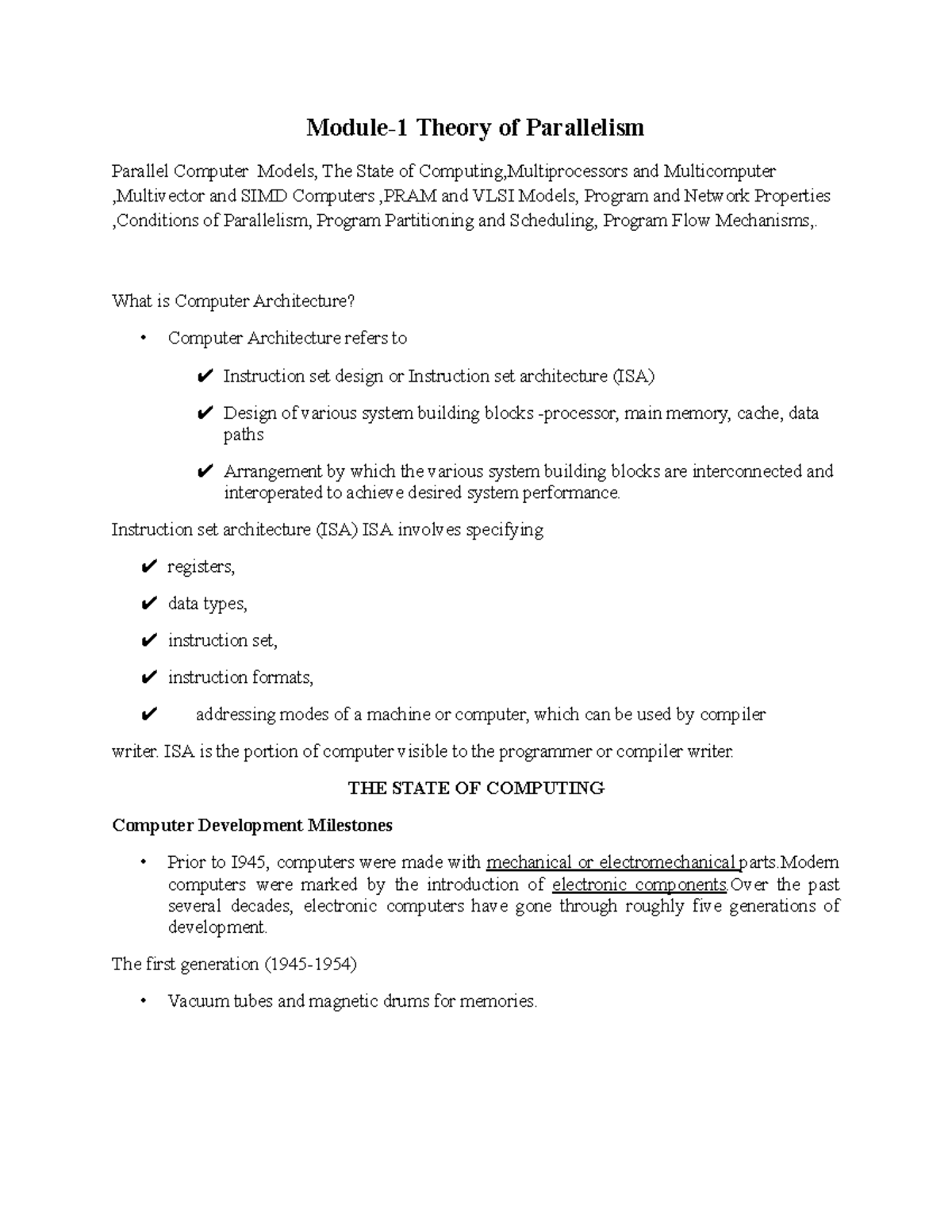 Computer Architecture: Theory of Parallelism and Models (CS101) - Studocu