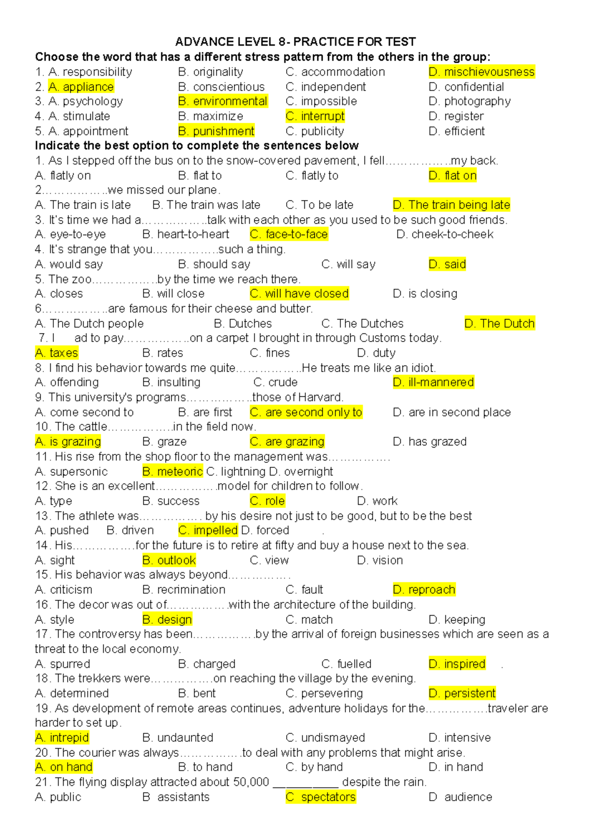 Advanced Level 8 - Practice Test 2C: Vocabulary and Grammar Exercises ...