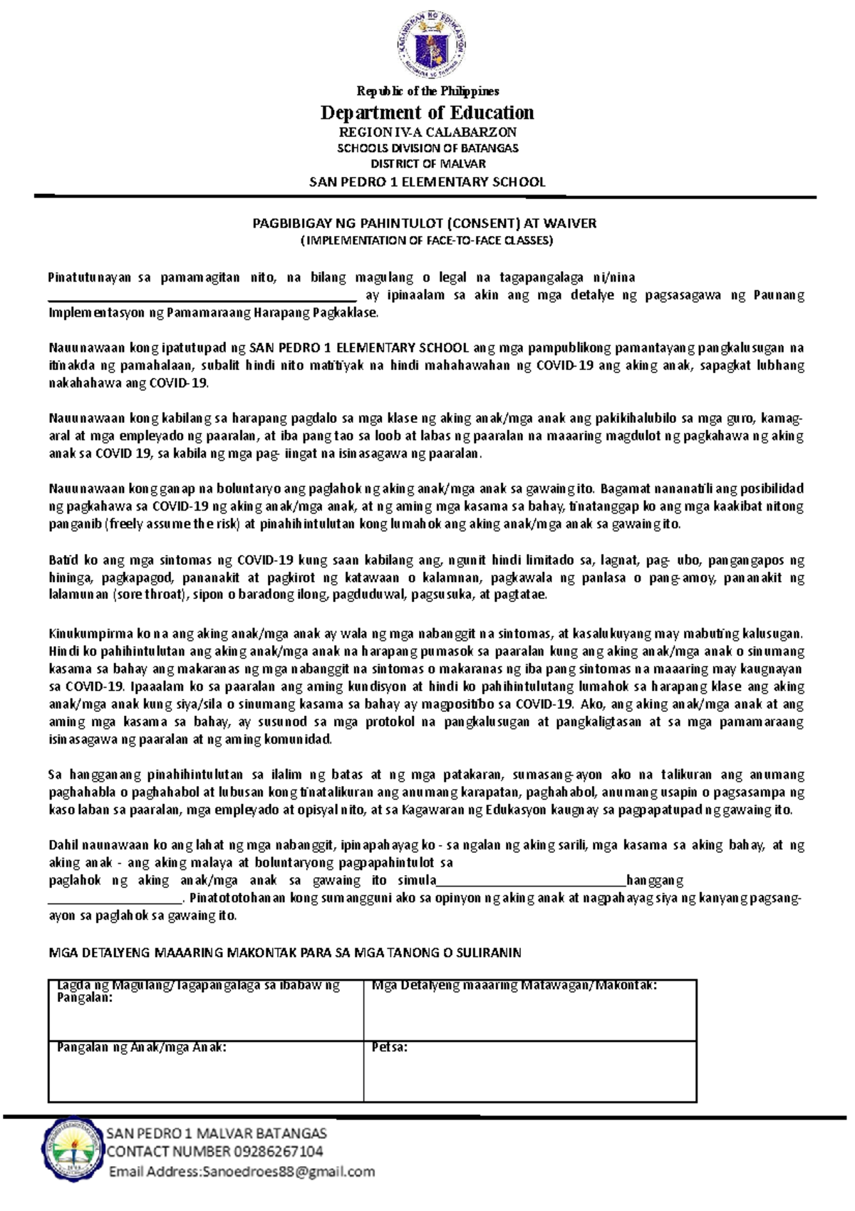 Parental consent and waiver form - Republic of the Philippines Department of Education REGION IV ...