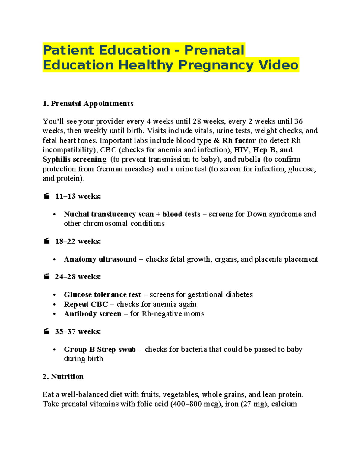Patient Education - Prenatal Care & Healthy Pregnancy Video 1 - Studocu