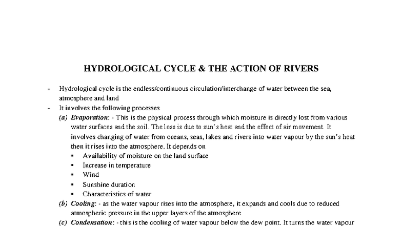 Rivers Detailed Notes: Understanding the Hydrological Cycle and River ...