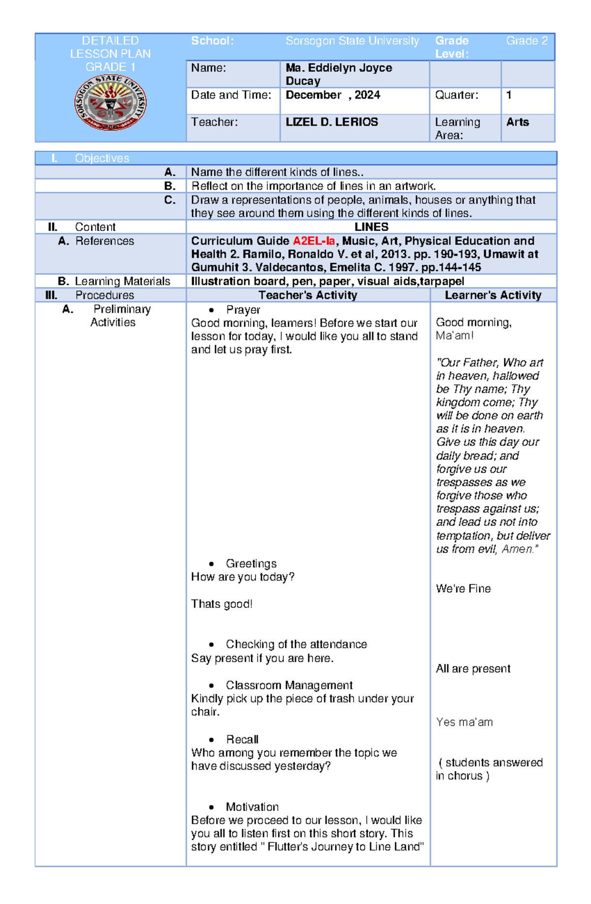DLP: Grade 1 Arts Lesson Plan on Lines by Ma. Eddielyn Joyce Ducay ...
