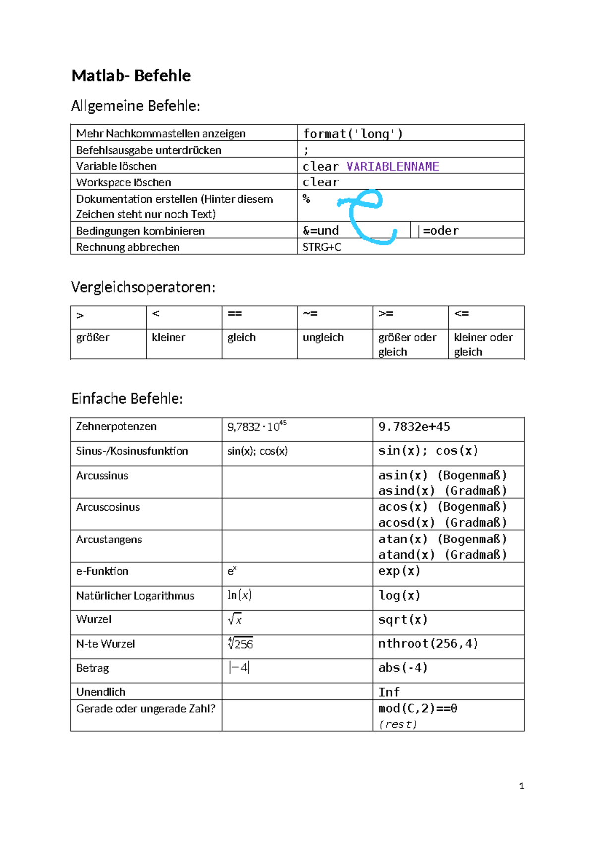 MATLAB-Befehle - Wichtige Kommandos Übersicht (Zusammenfassung) - Studocu