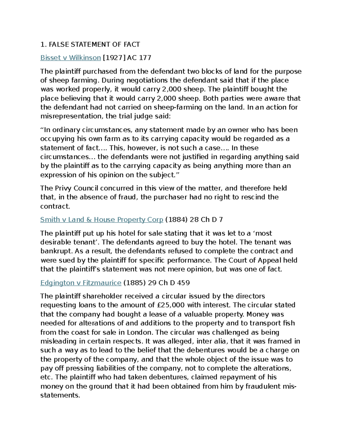 Misrepresentation cases in law: Key rulings and principles - Studocu