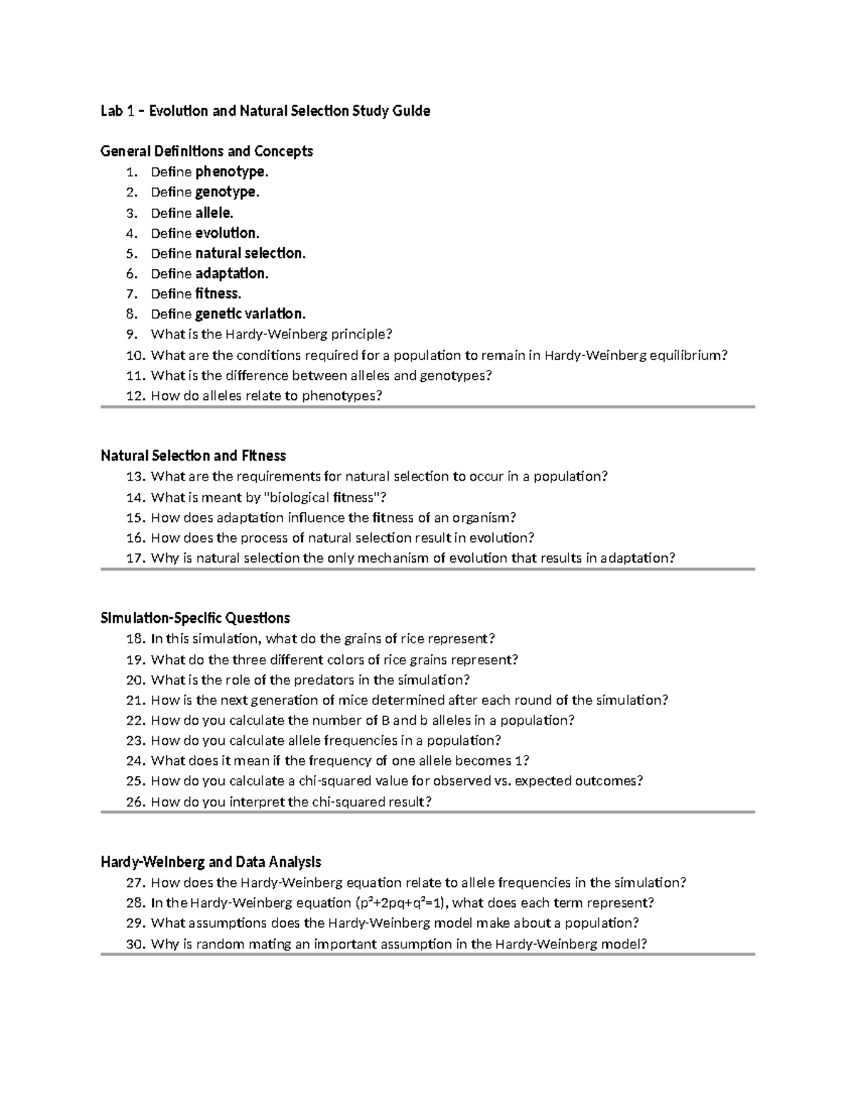Lab 1 - Evolution & Natural Selection Study Guide: Key Concepts ...