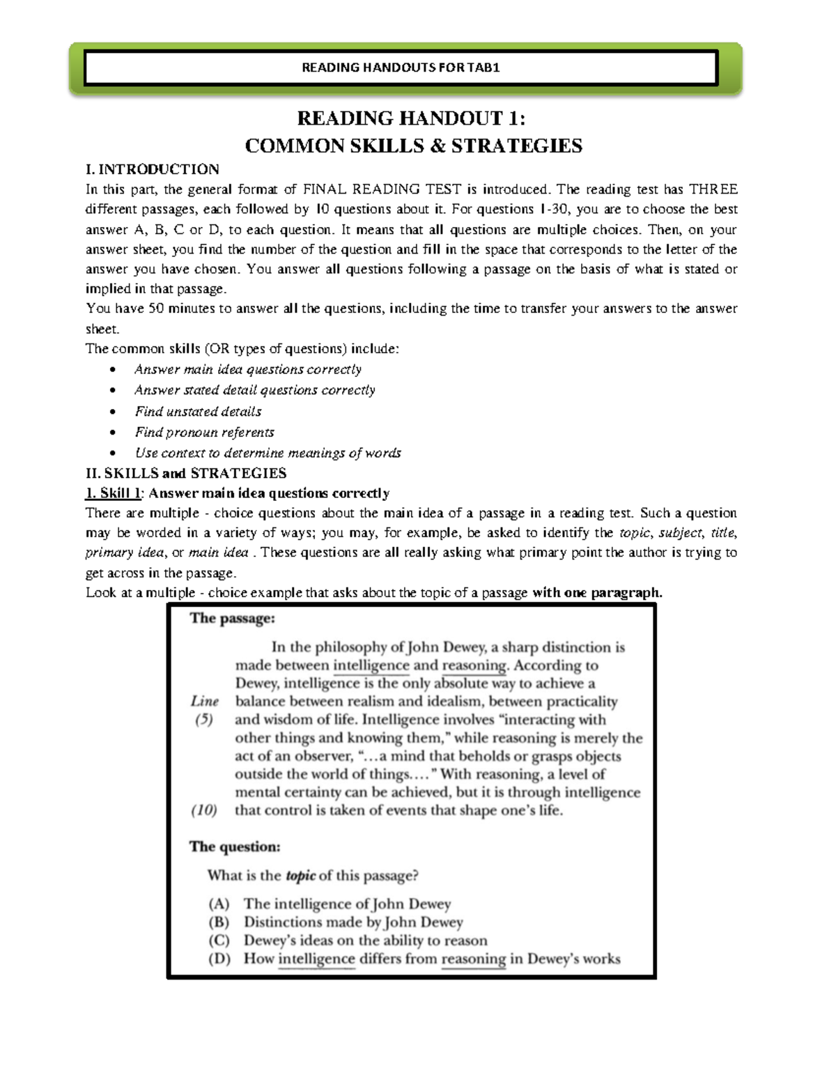 Reading handout 2 Common skills & strategies - READING HANDOUT 1 ...