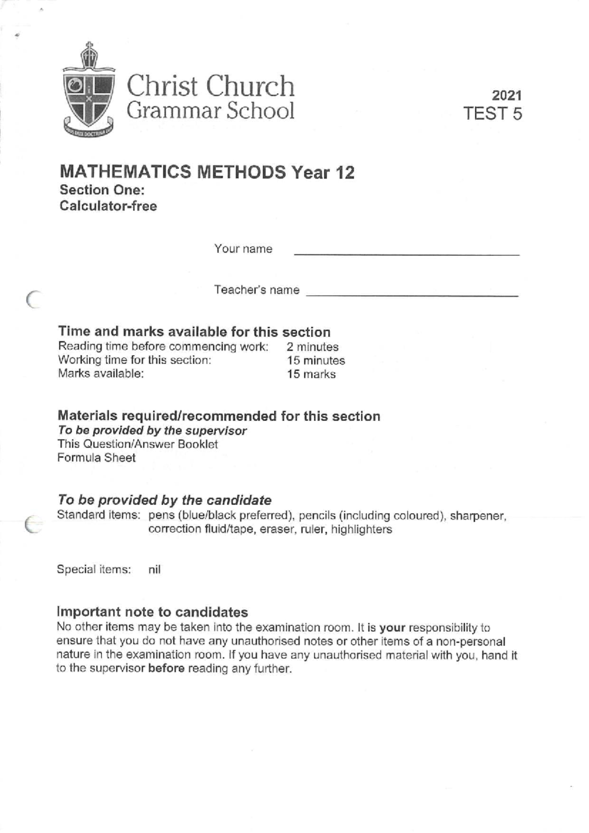 2021 CCGS Year 12 Mathematics Methods Test 5 - Studocu
