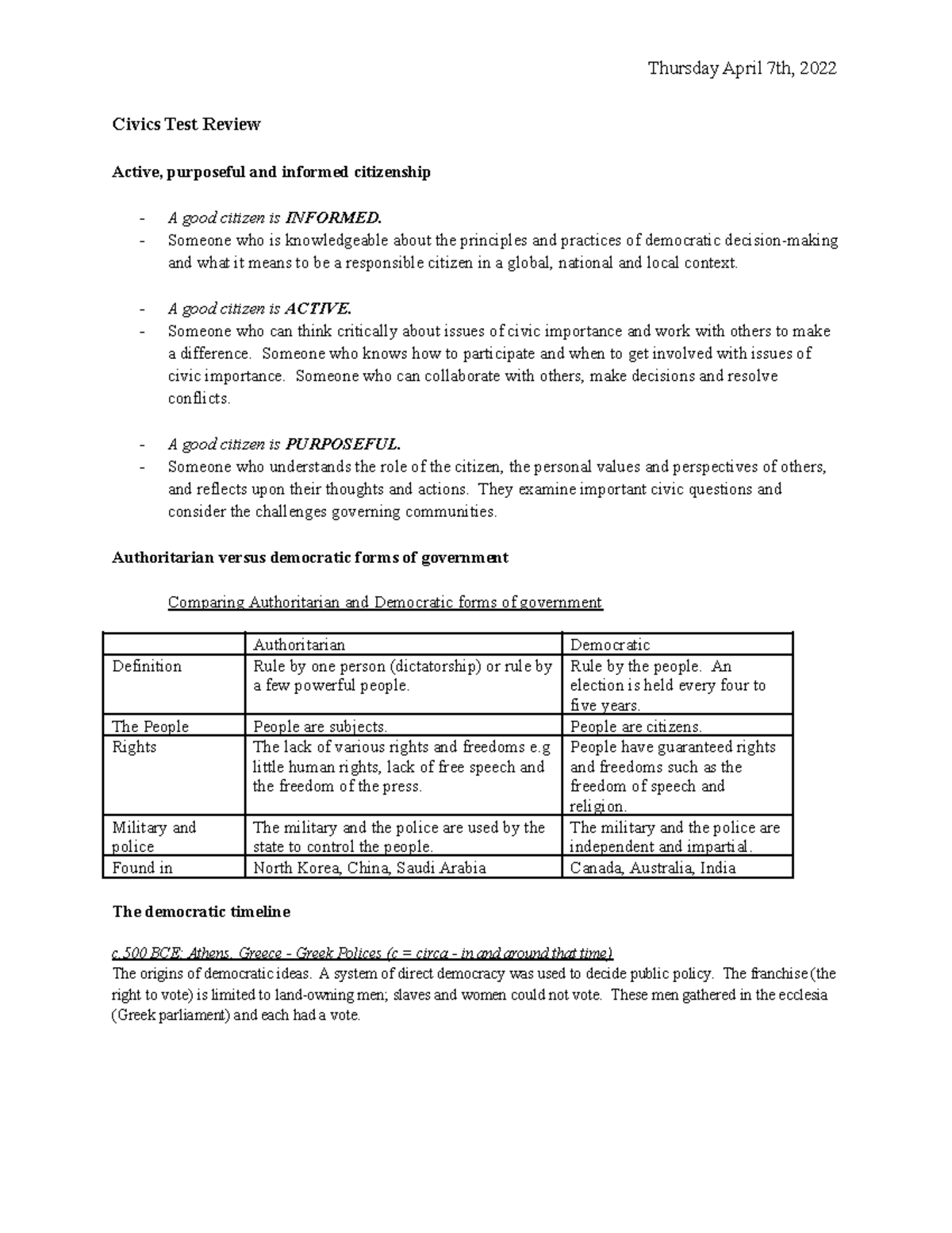 Civics Test Review - summary - Civics Test Review Active, purposeful ...