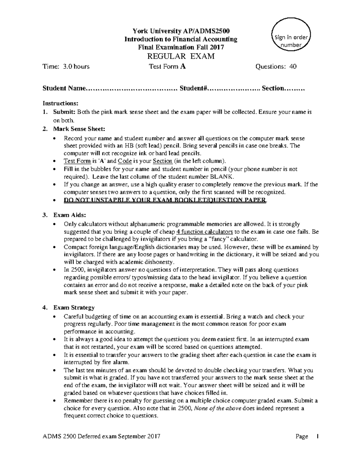 **Final Exam Review for ADMS 2500: Financial Accounting F17 (with ...