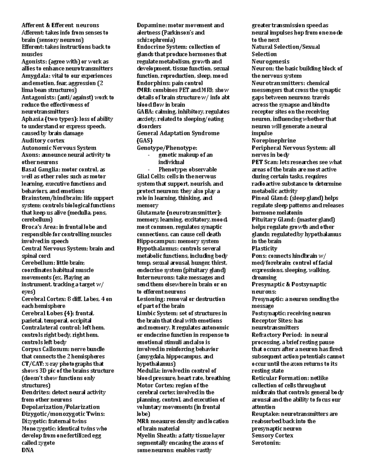 AP Psych Unit 3 Brain Bio Reading Guide - Afferent & Efferent neurons ...