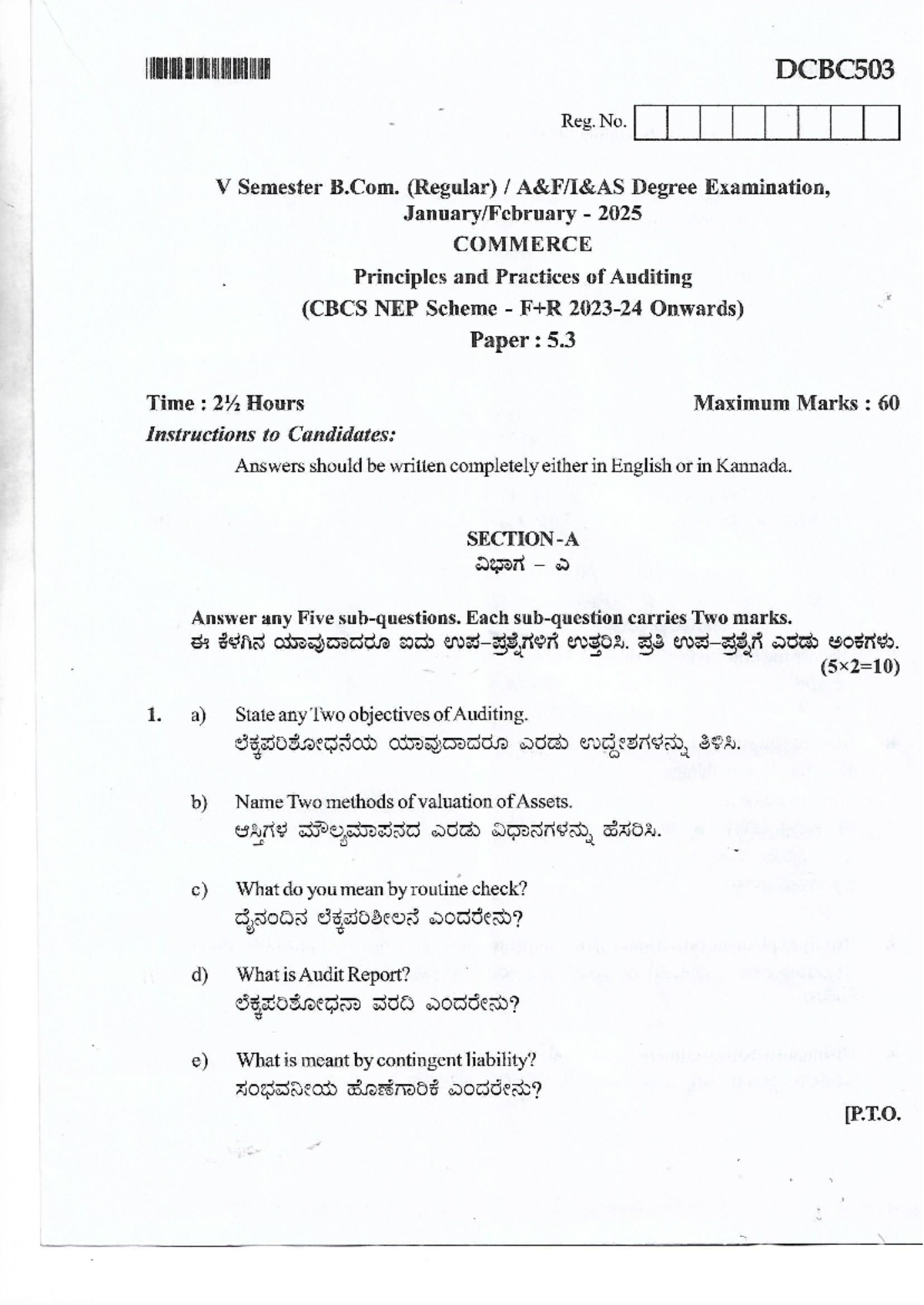 DCBC503 V Sem B.Com Final Exam: Principles & Practices of Auditing ...