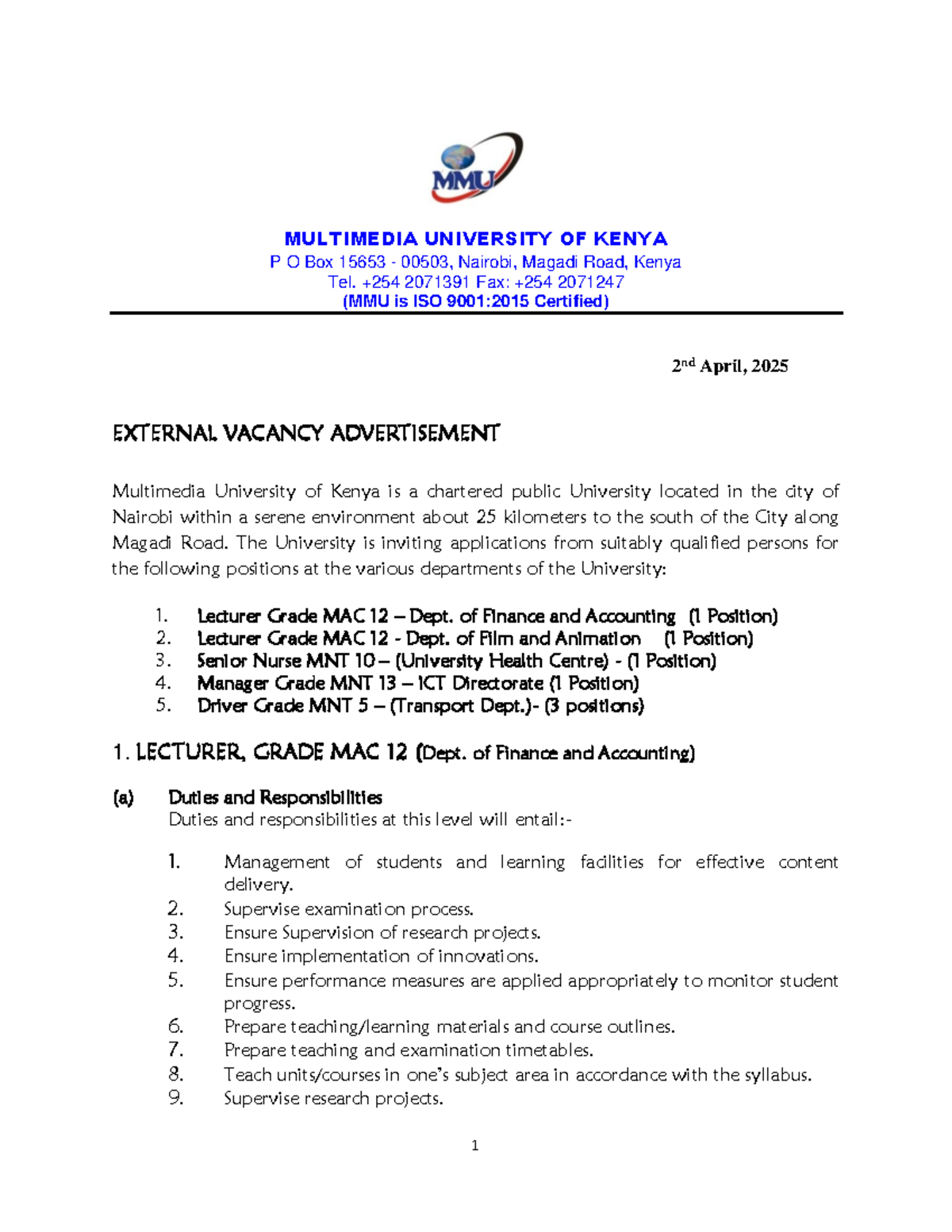 External Vacancy Advertisement - Multimedia University of Kenya (April ...